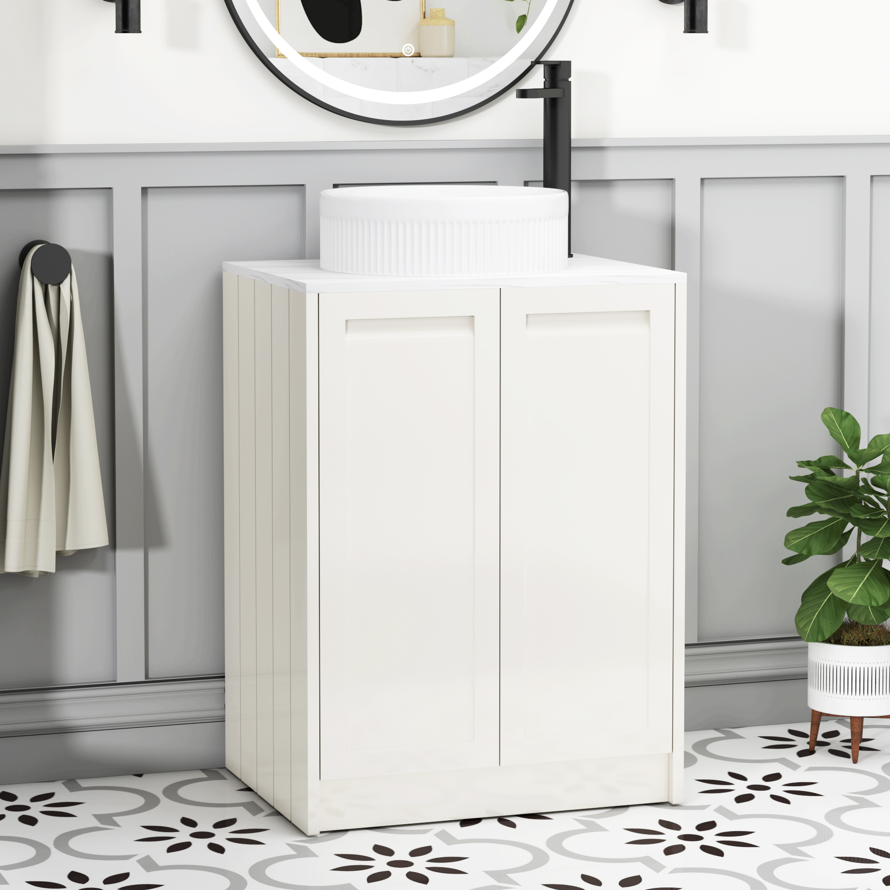 Elmore 600mm Classic White Floor Standing Countertop Vanity Unit 2 Door ...