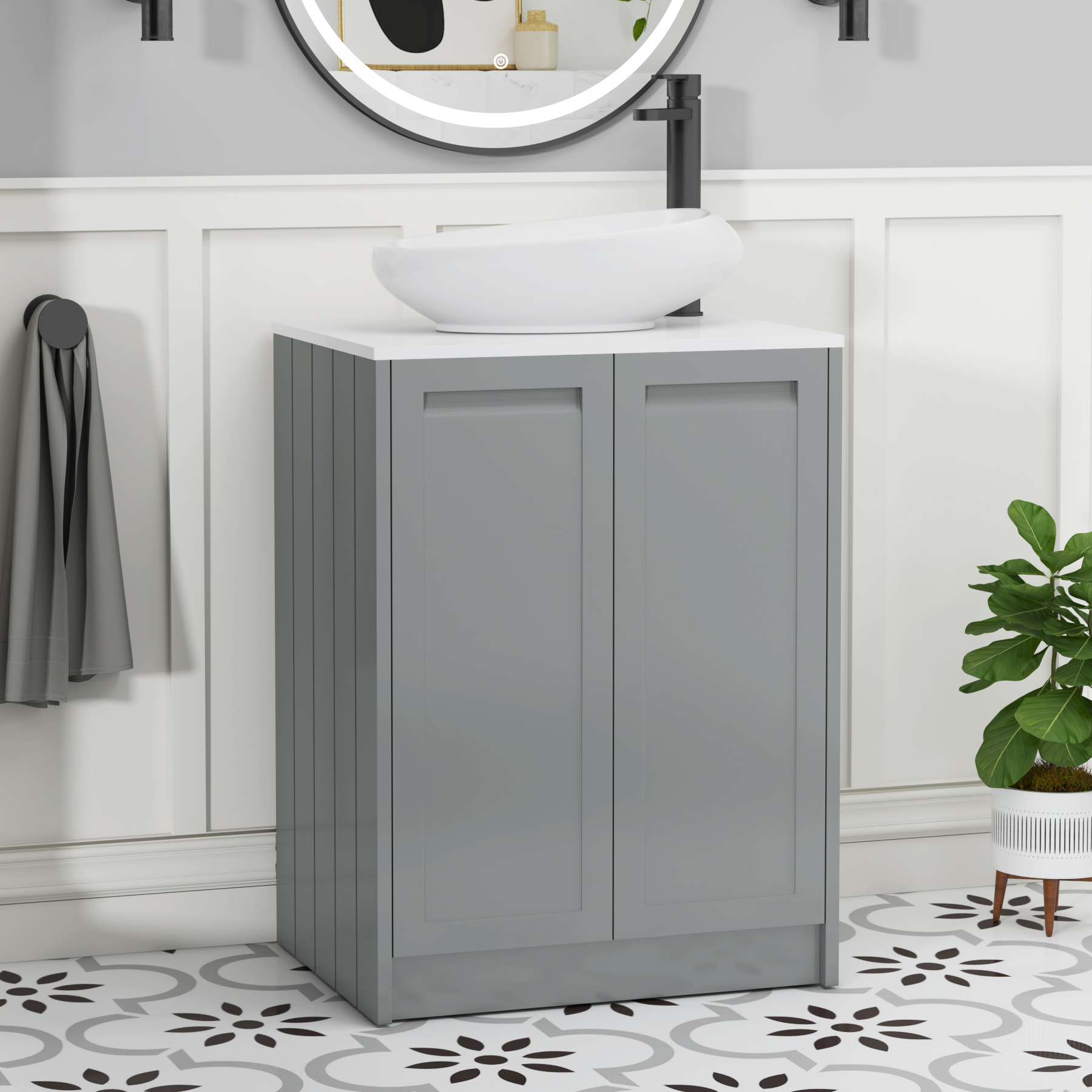 Elmore 600mm Matt Pebble Grey Floor Standing Vanity Unit 2 Door Plain ...