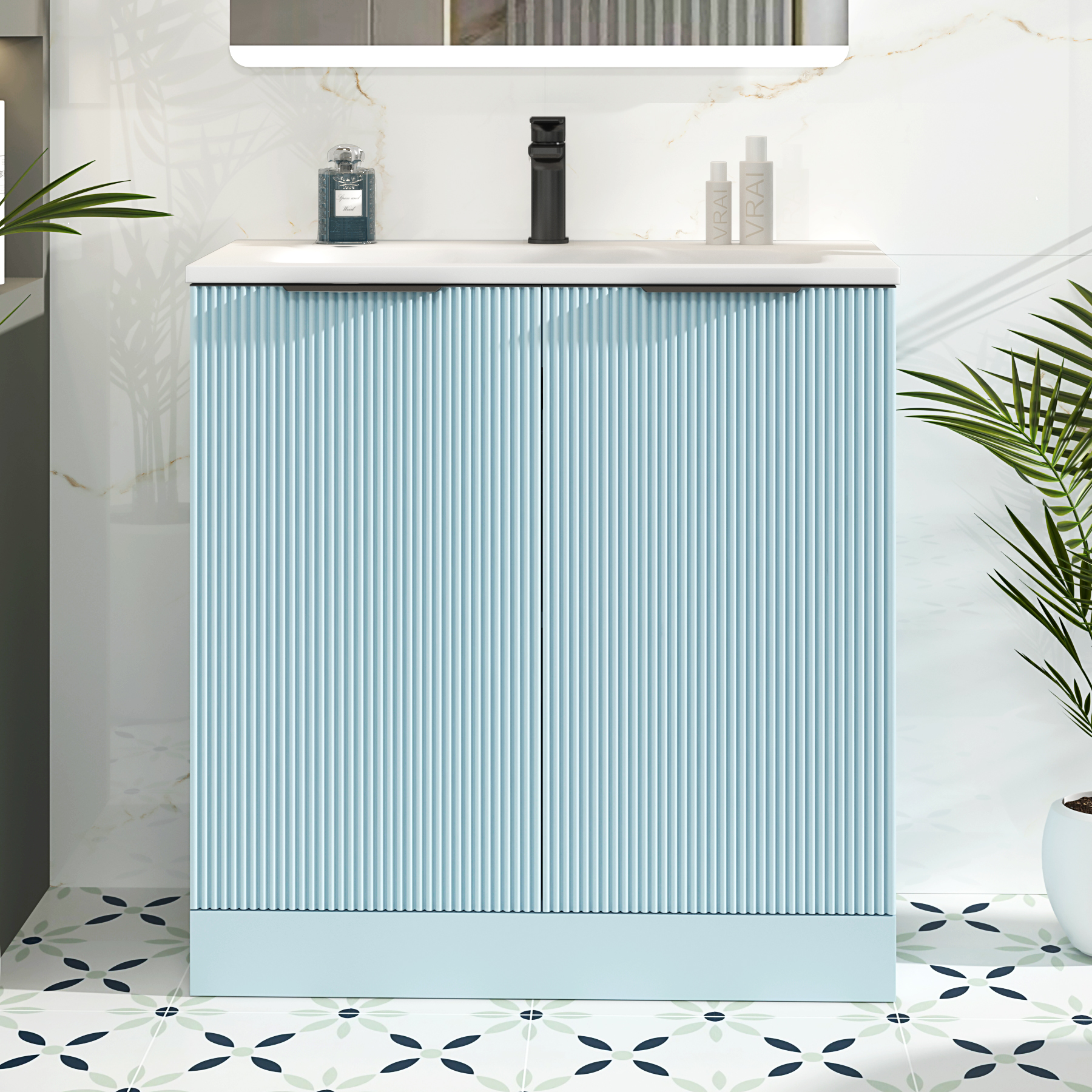 Evora 800mm Powder Blue Fluted Floor Standing Vanity Unit 2 Door with ...