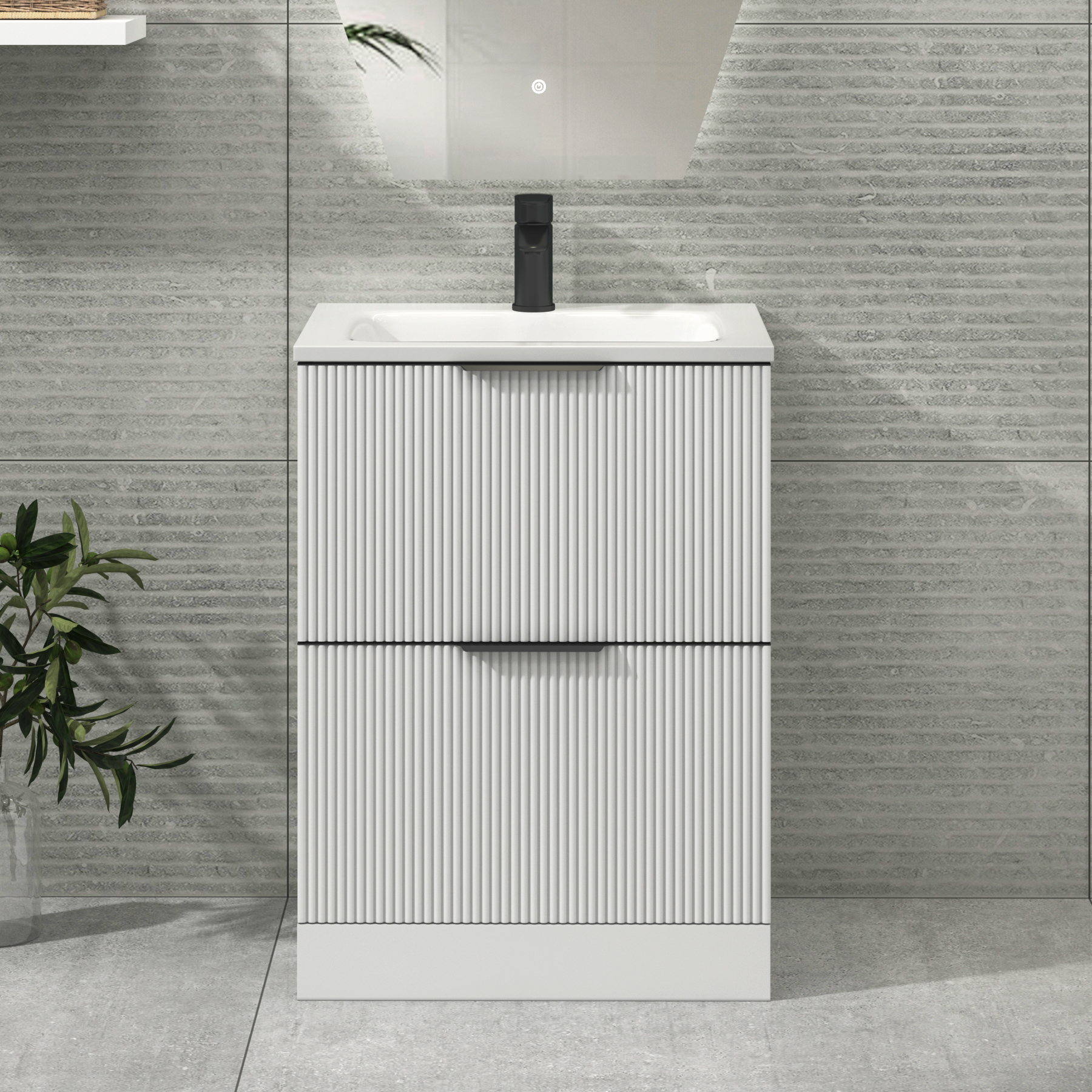 Evora 600mm Matt White Fluted Floor Standing Vanity Unit 2 Drawer with ...