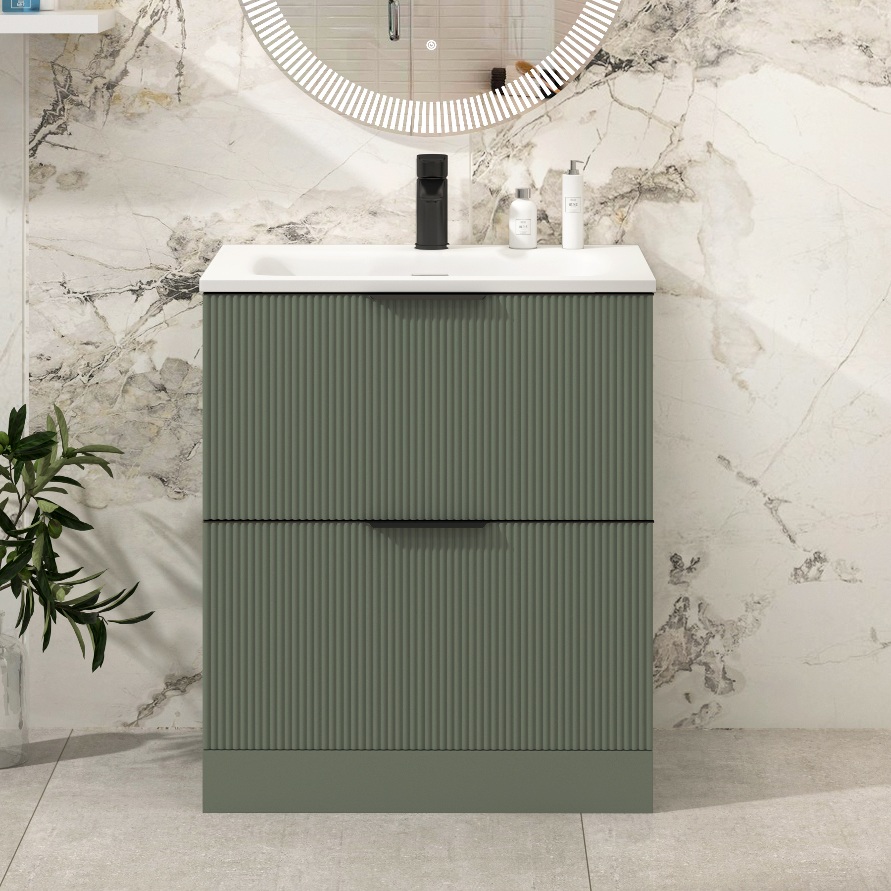 Evora 700mm Satin Green Fluted Floor Standing Vanity Unit 2 Drawer with ...