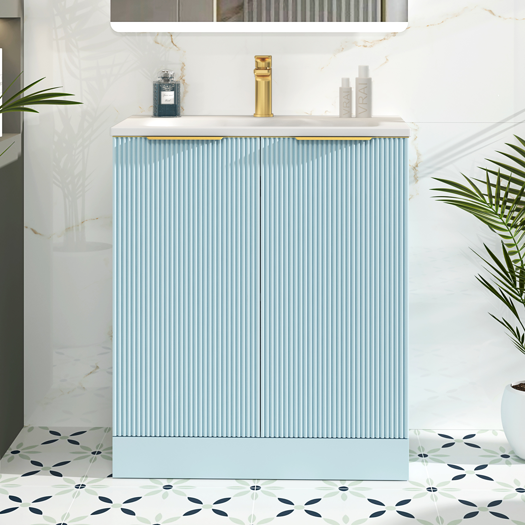 Evora 700mm Powder Blue Fluted Floor Standing Vanity Unit 2 Door with ...