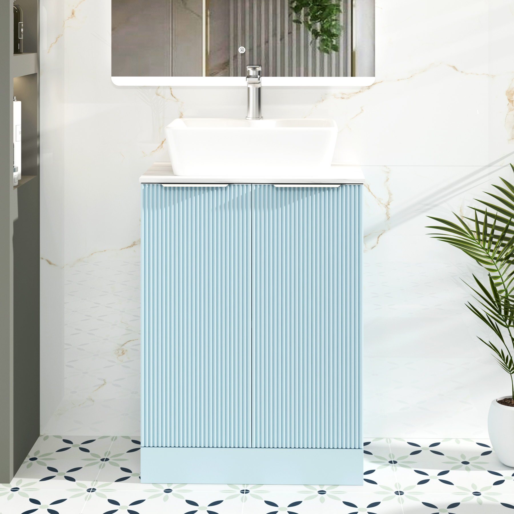 Evora 600mm Powder Blue Fluted Floor Standing Vanity Unit 2 Door with ...