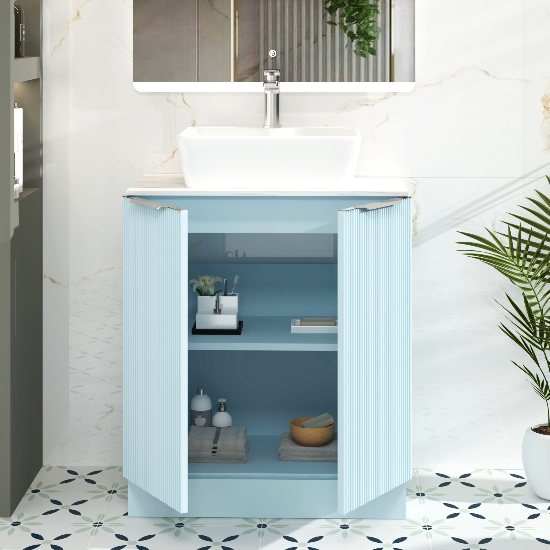 Evora 700mm Matt Sky Blue Fluted Floor Standing Vanity Unit 2 Door with ...