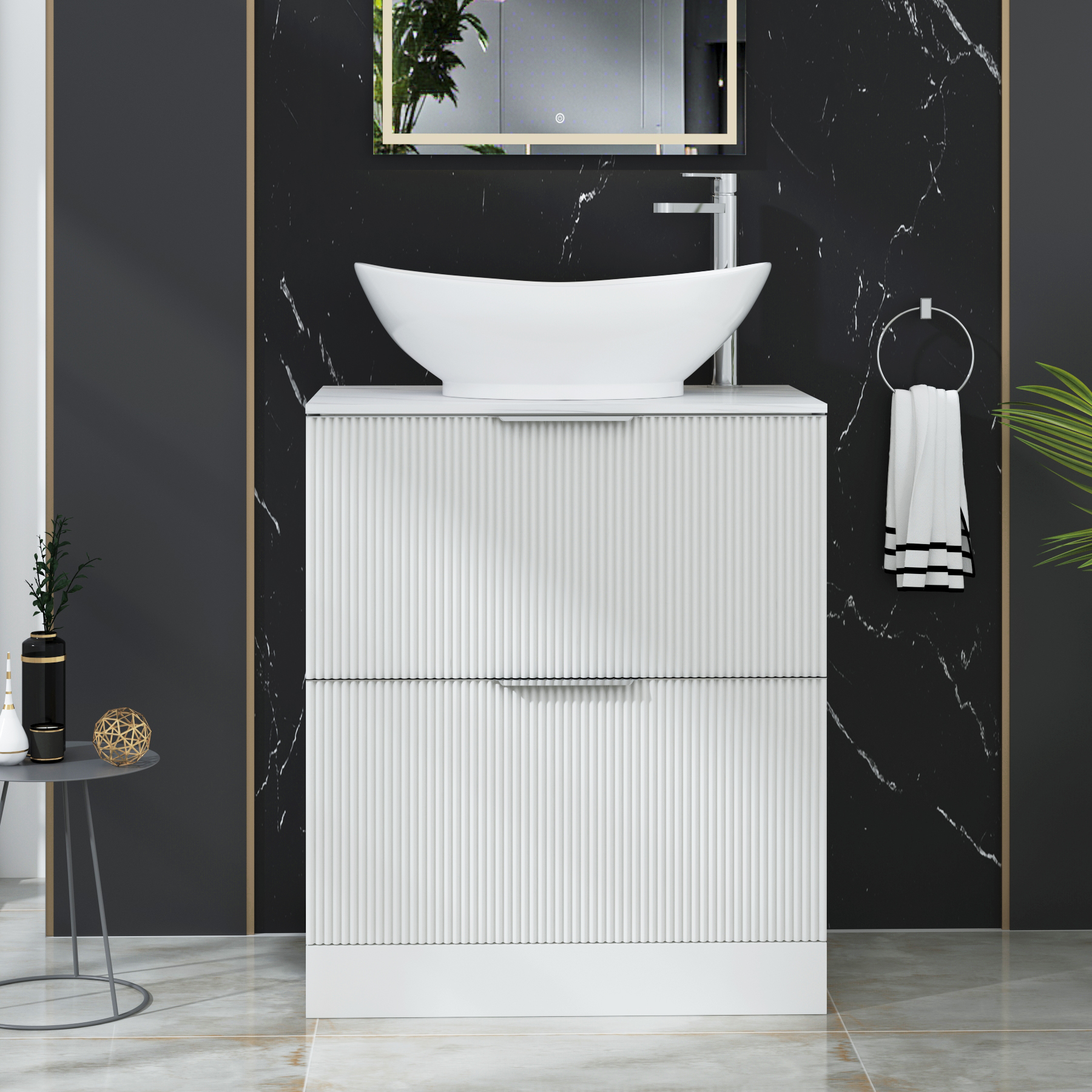 Evora 700mm Matt White Fluted Floor Standing Countertop Vanity Unit 2 ...