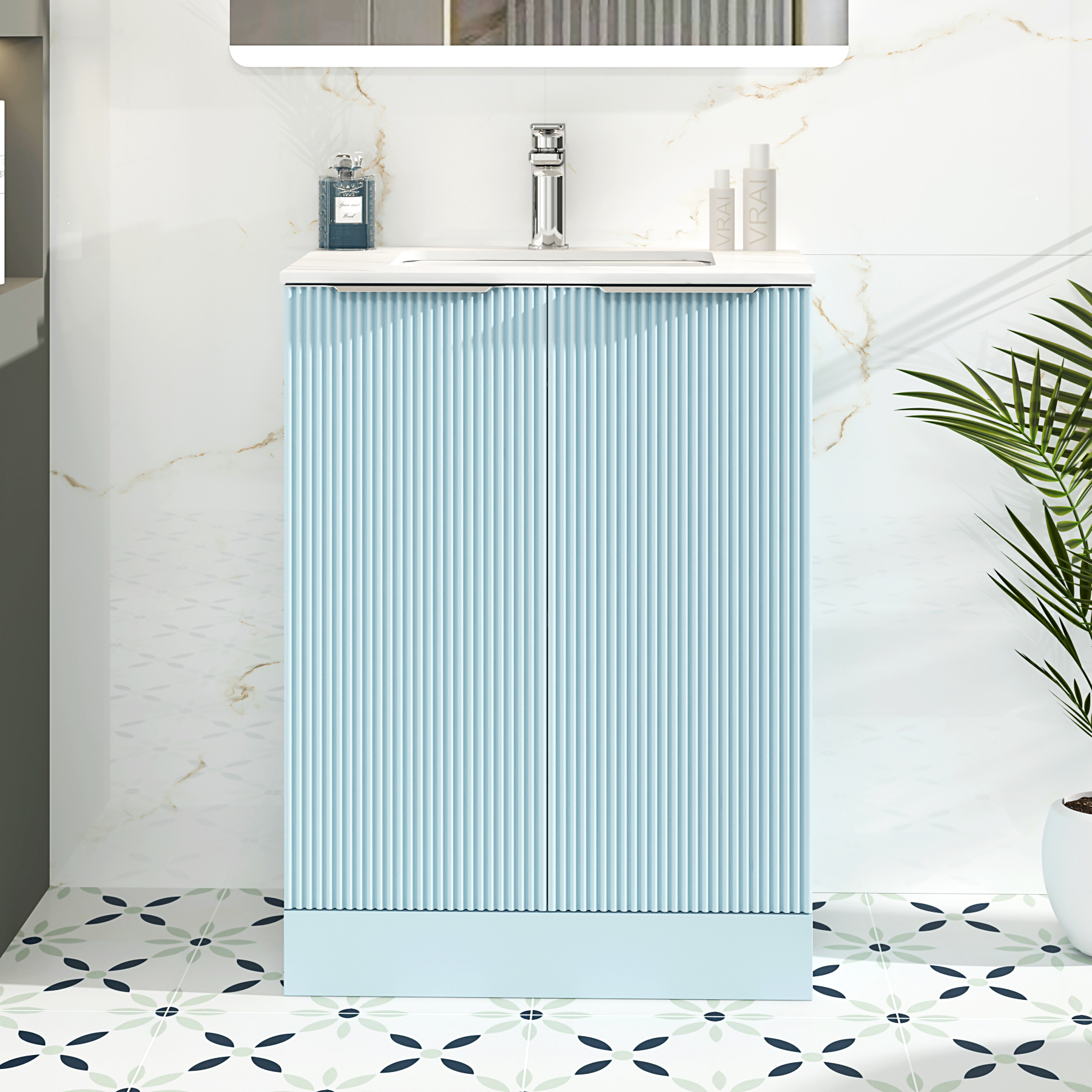 Evora 600mm Powder Blue Fluted Floor Standing Vanity Unit 2 Door with ...
