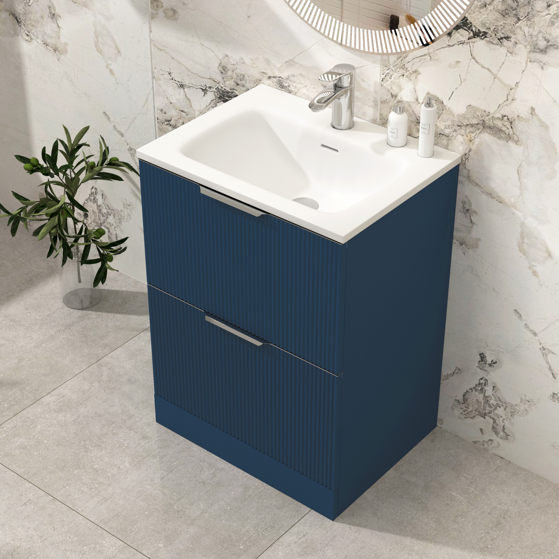 Evora 600mm Satin Blue Fluted Floor Standing Vanity Unit 2 Drawer with ...