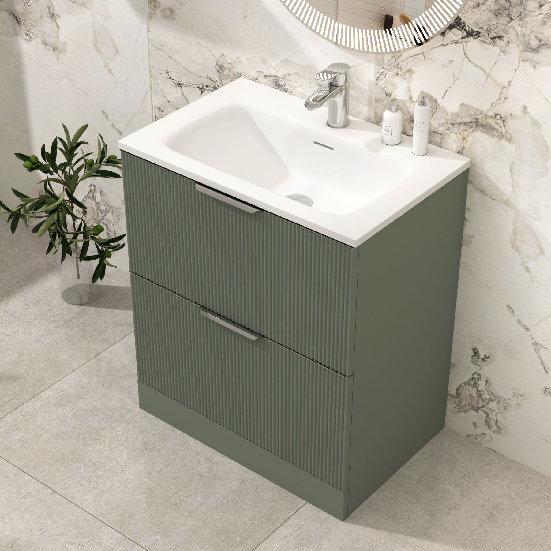 Evora Satin Green Fluted Floor Standing Vanity Unit 2 Drawer with Stone ...