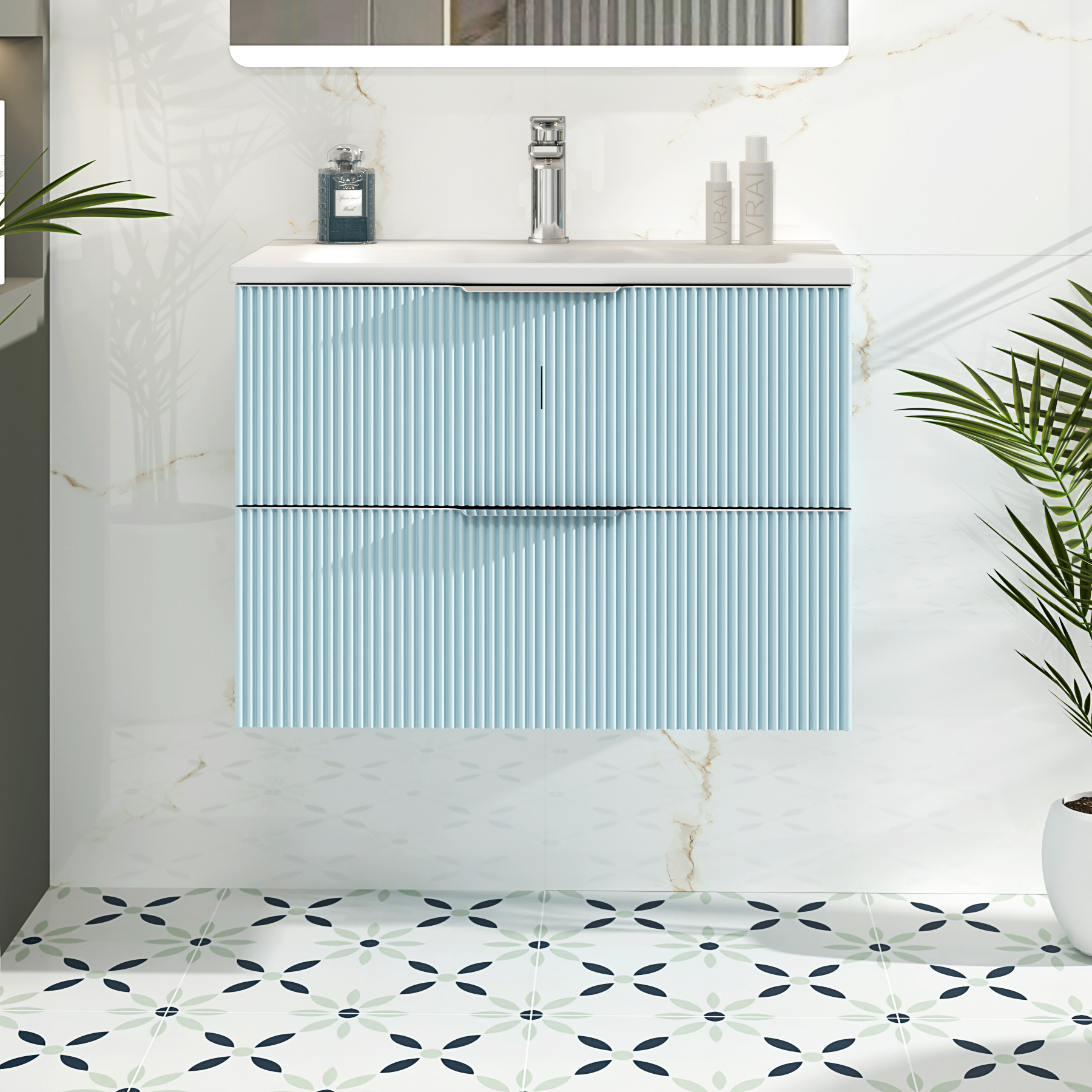 Evora 700mm Powder Blue Fluted Wall Hung Vanity Unit 2 Drawer with ...