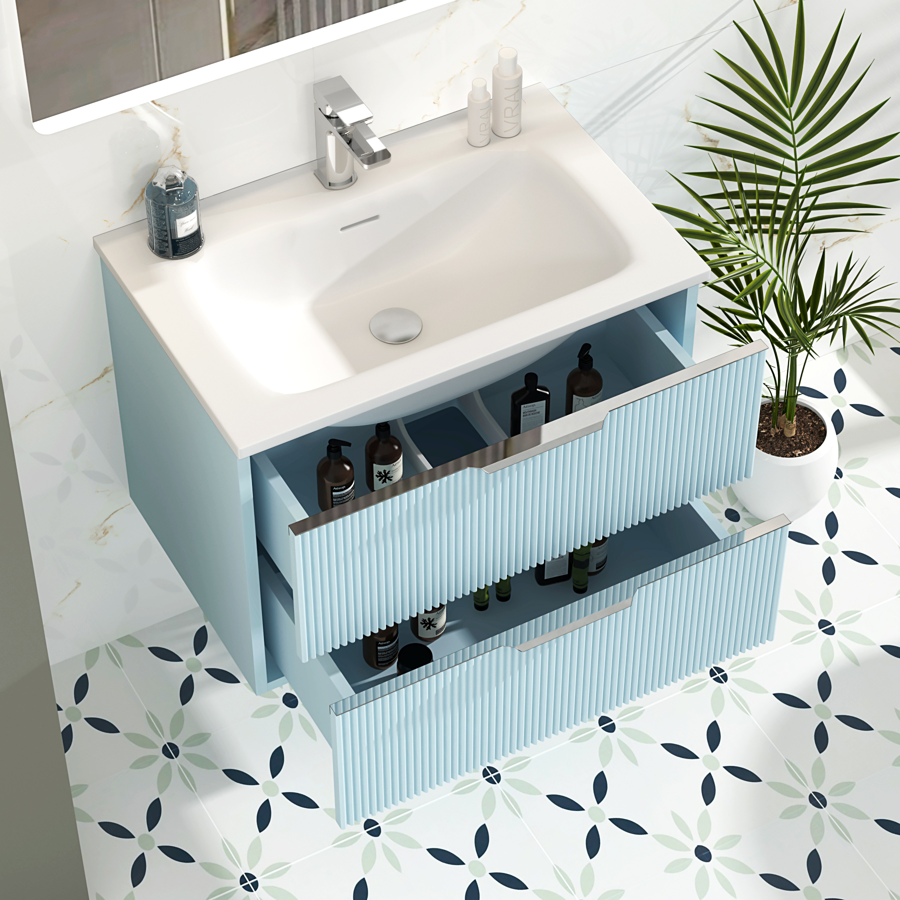 Evora 700mm Matt Sky Blue Fluted Wall Hung Vanity Unit 2 Drawer with ...