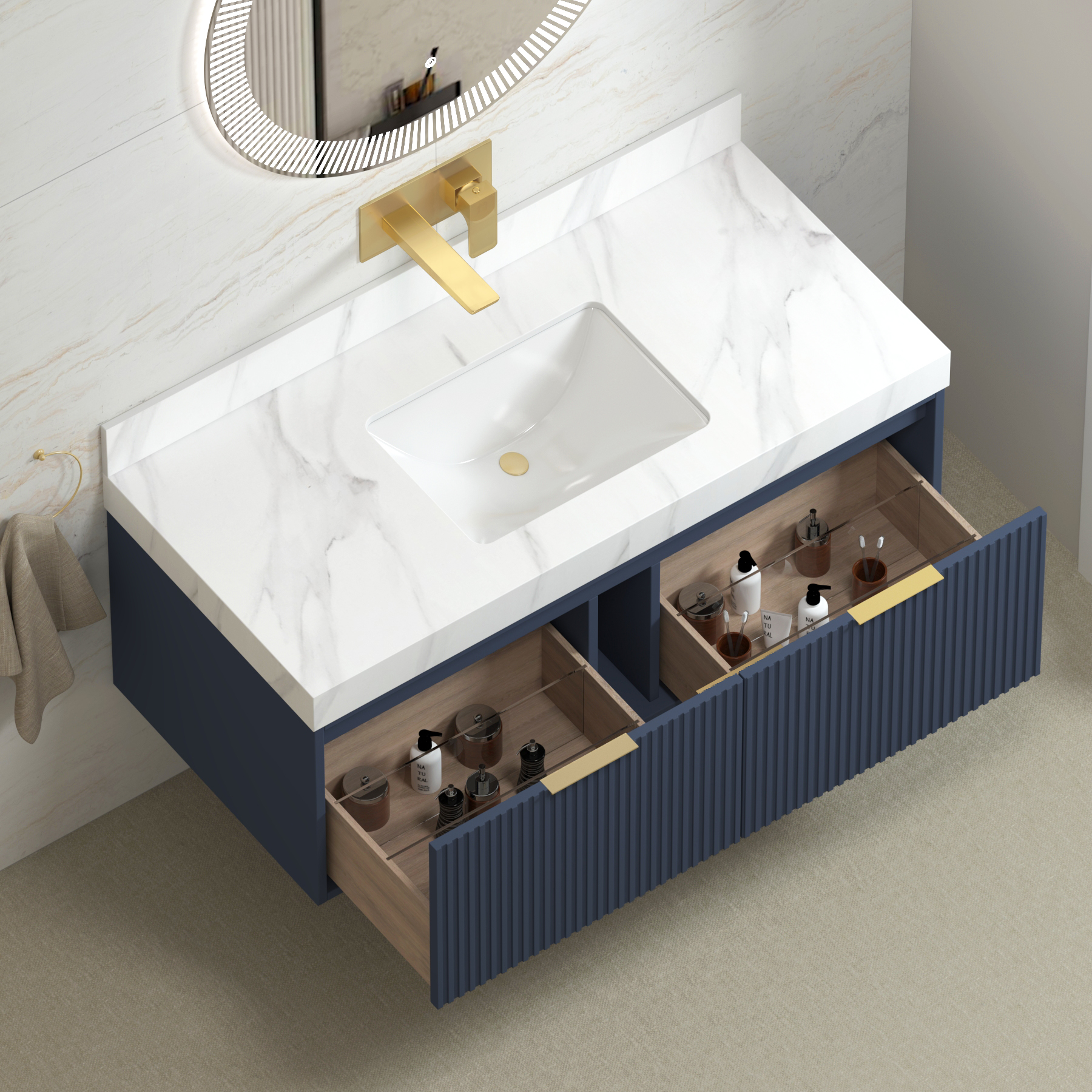 Florina 1200mm Navy Blue Vanity Unit with Carrara White Top & Brushed ...