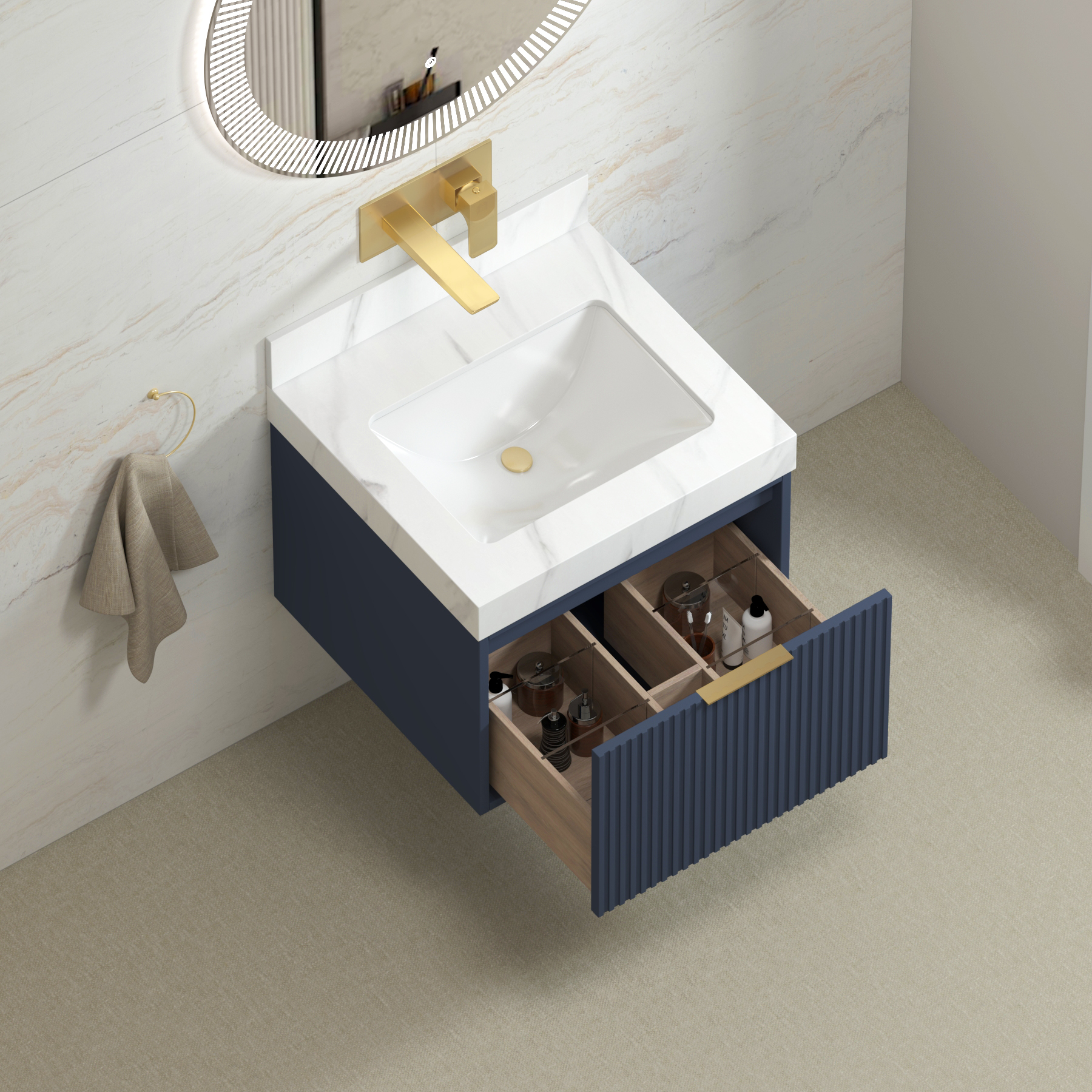 Florina 600mm Navy Blue Vanity Unit with Carrara White Top & Brushed ...