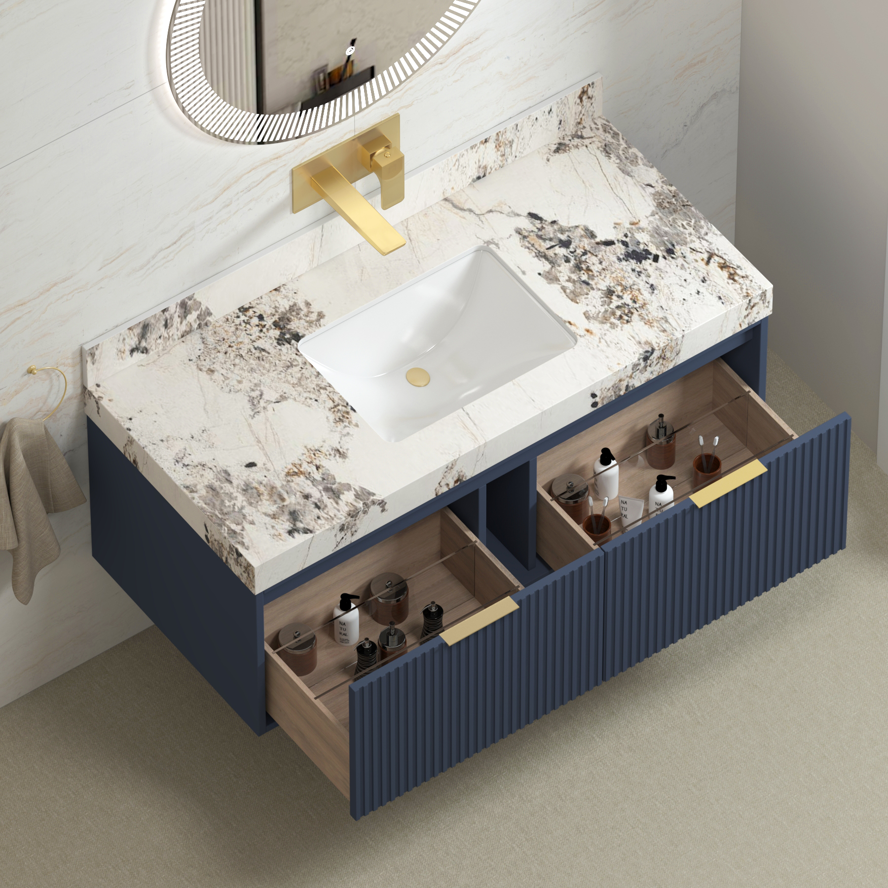 Florina 1200mm Navy Blue Vanity Unit with Pandora Top & Brushed Brass ...