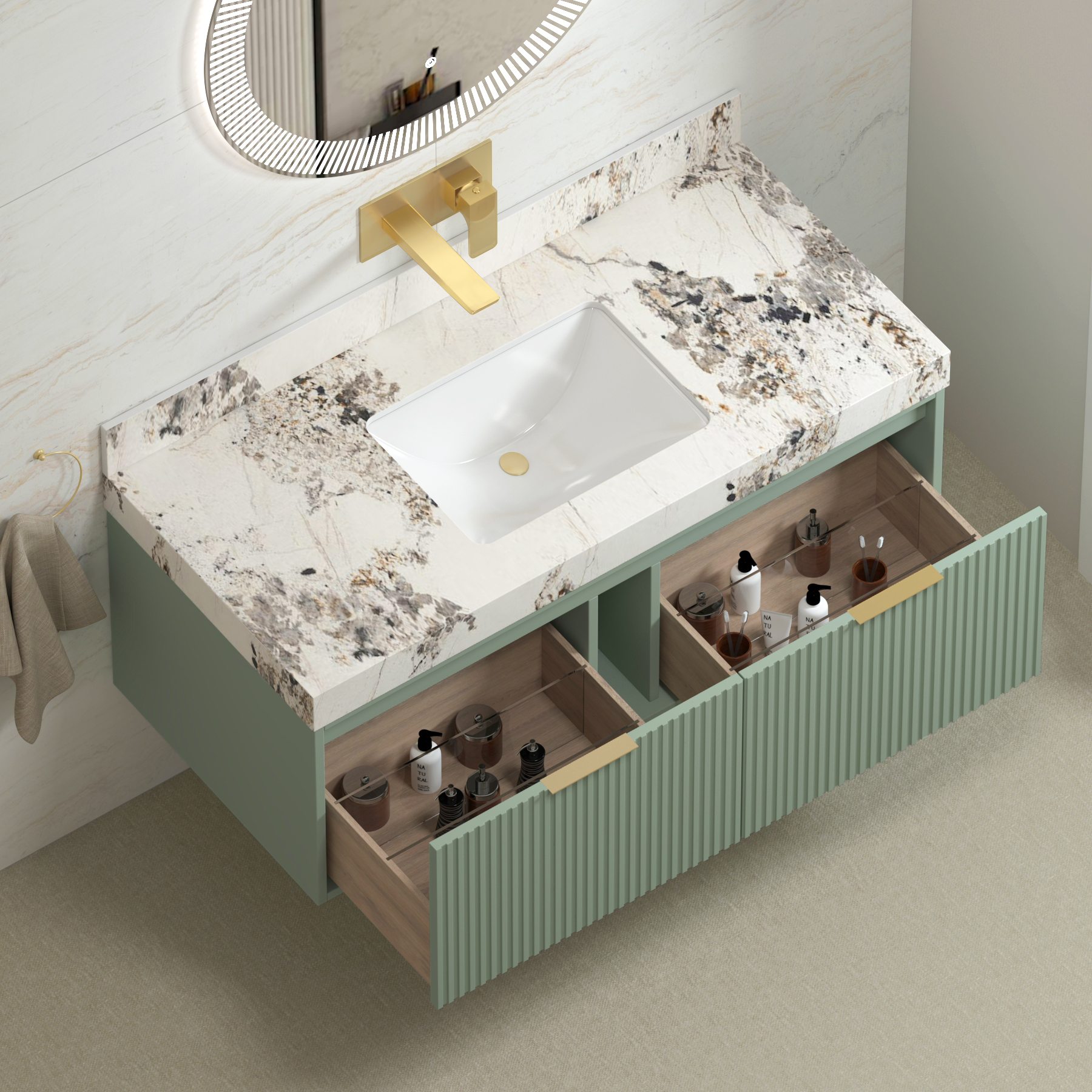 Florina 1200mm Mint Green Vanity Unit with Pandora Top & Brushed Brass ...
