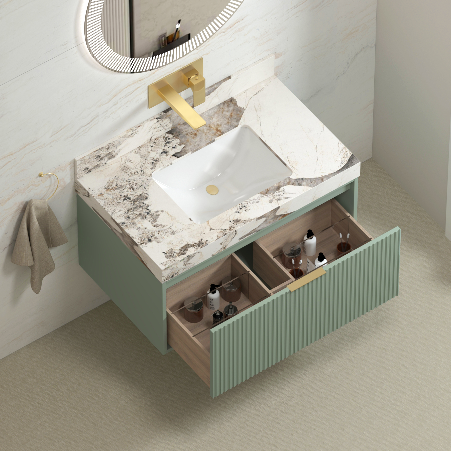 Florina 900mm Mint Green Vanity Unit with Pandora Top & Brushed Brass ...