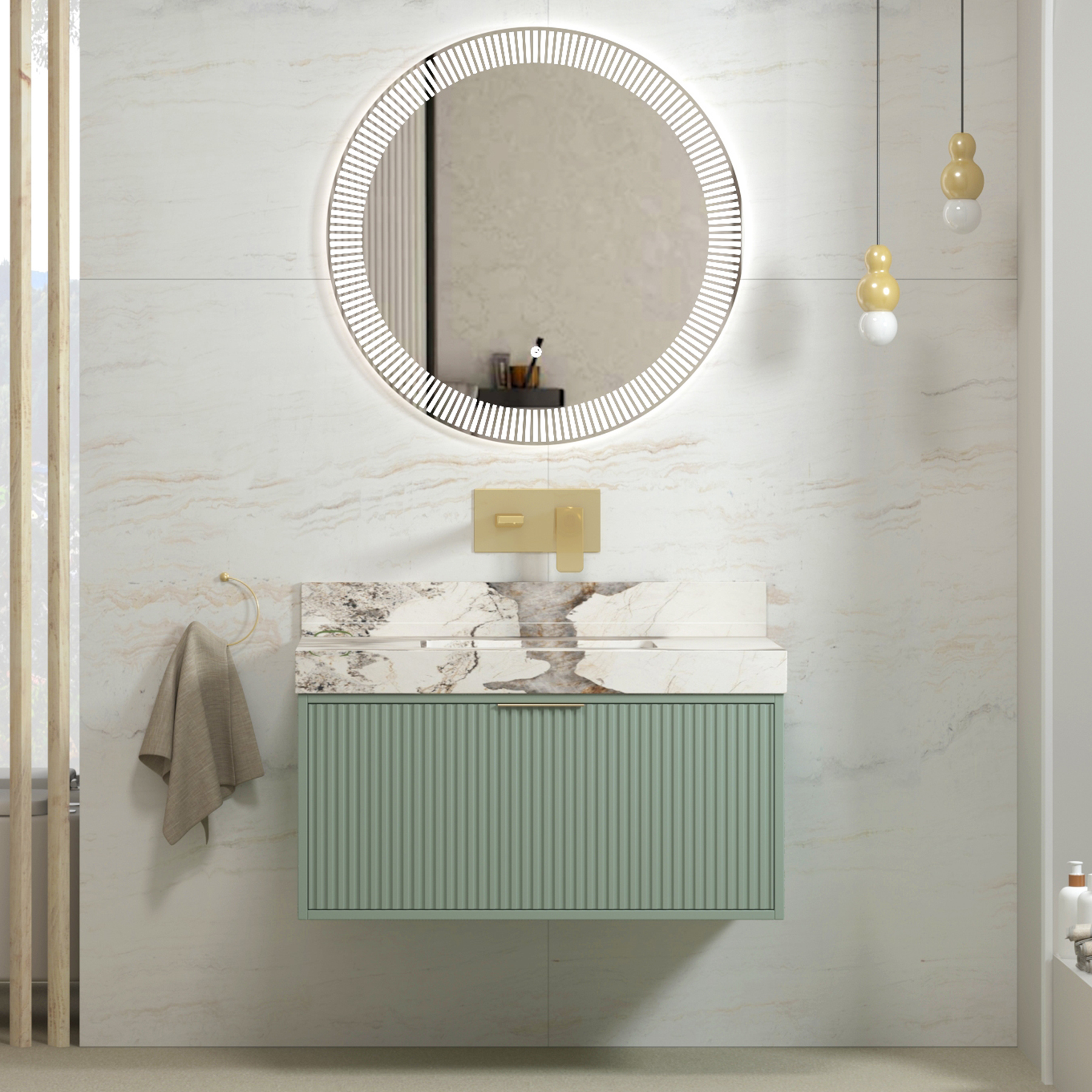 Florina 900mm Mint Green Vanity Unit with Pandora Top & Brushed Brass ...