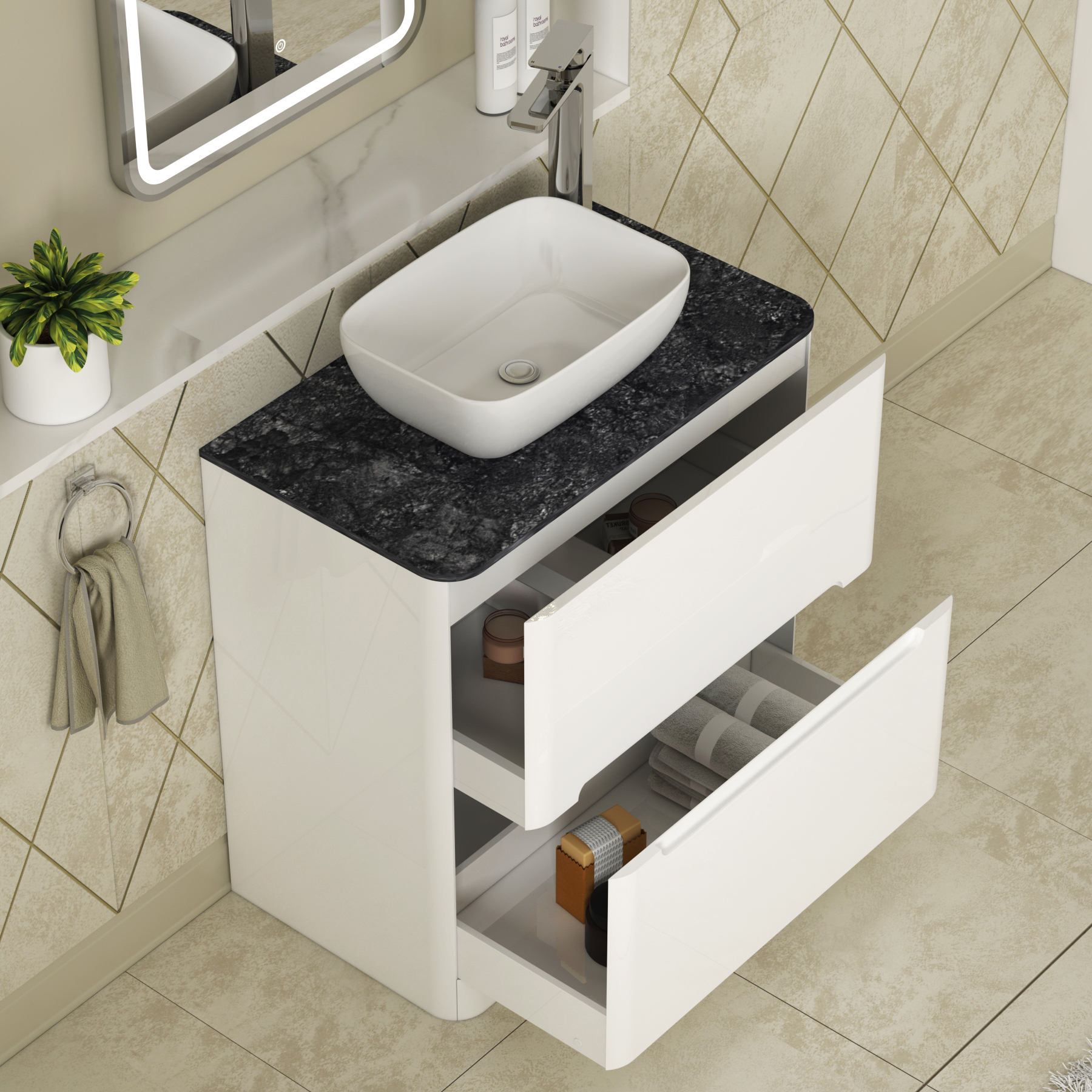 Infinity Gloss White 2 Drawer Floor Standing Black Star Vanity Unit ...