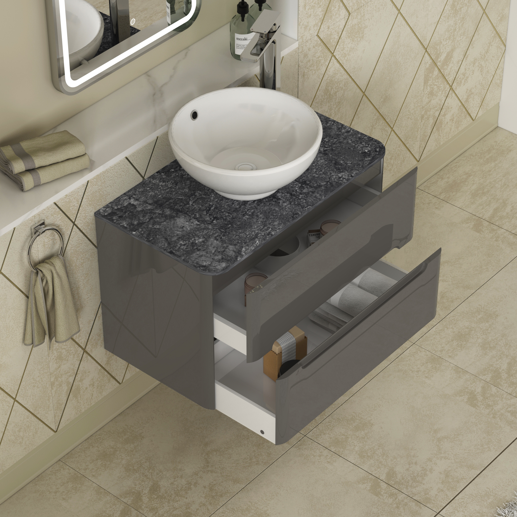 Infinity Gloss Anthracite 2 Drawer Wall Hung Black Star Vanity Unit ...