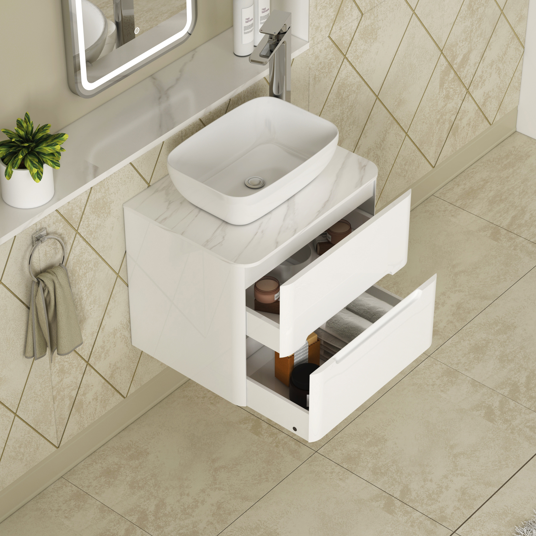 Infinity 600mm Gloss White Wall Hung Vanity Unit 2 Drawer with Carrara ...