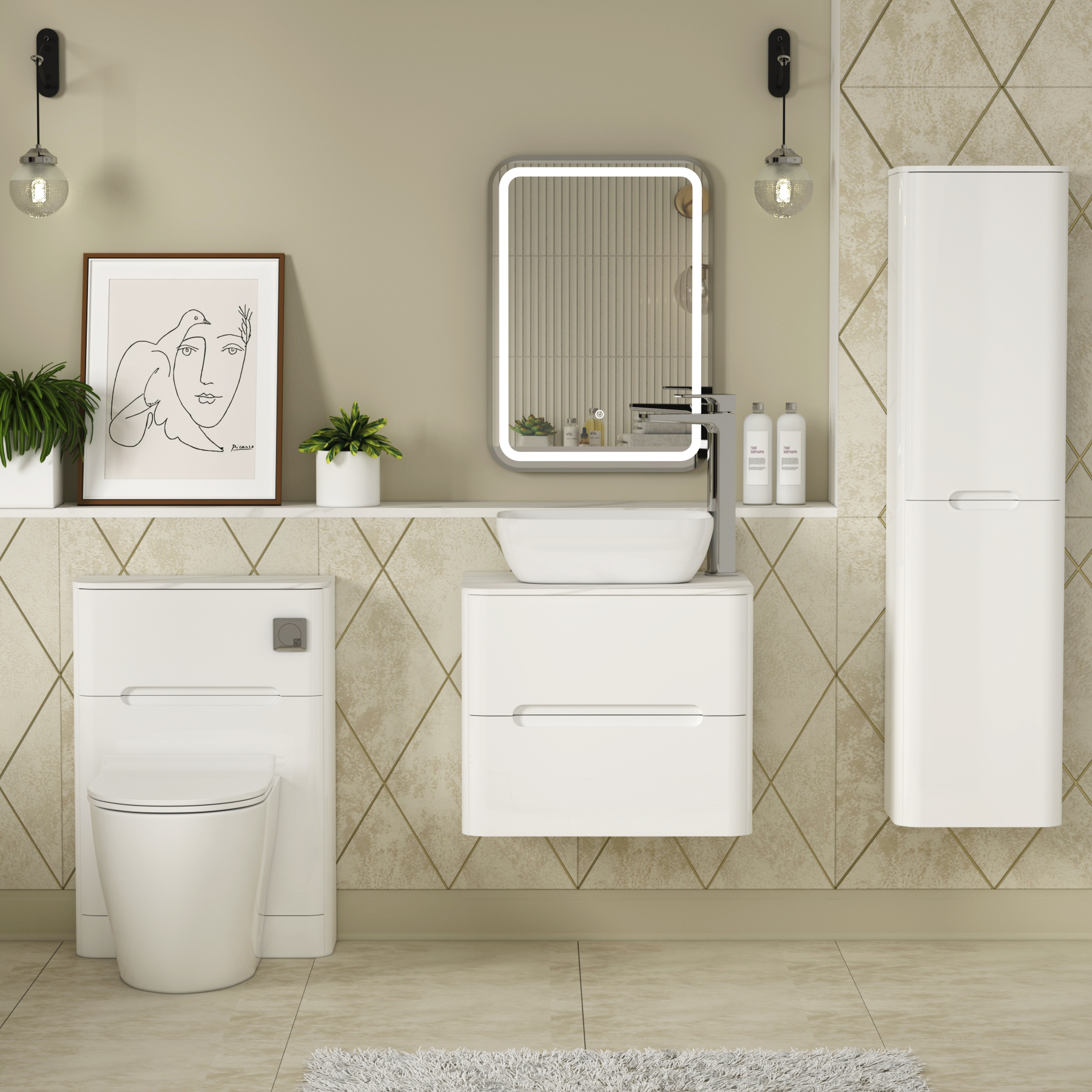 Infinity 600mm Gloss White Wall Hung Vanity Unit 2 Drawer with Carrara ...