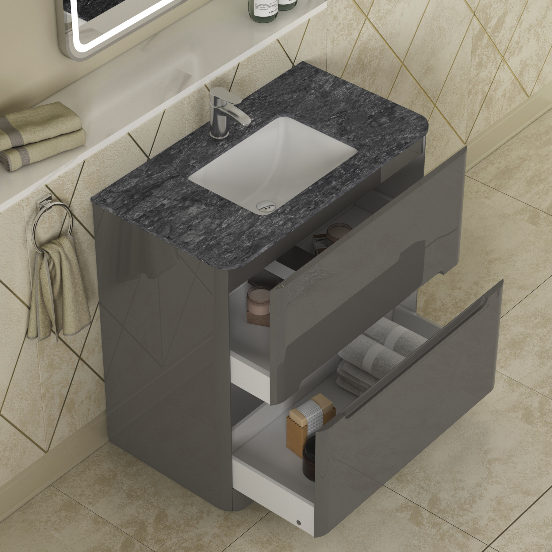 Infinity Gloss Anthracite 2 Drawer Floor Standing Vanity Unit with ...