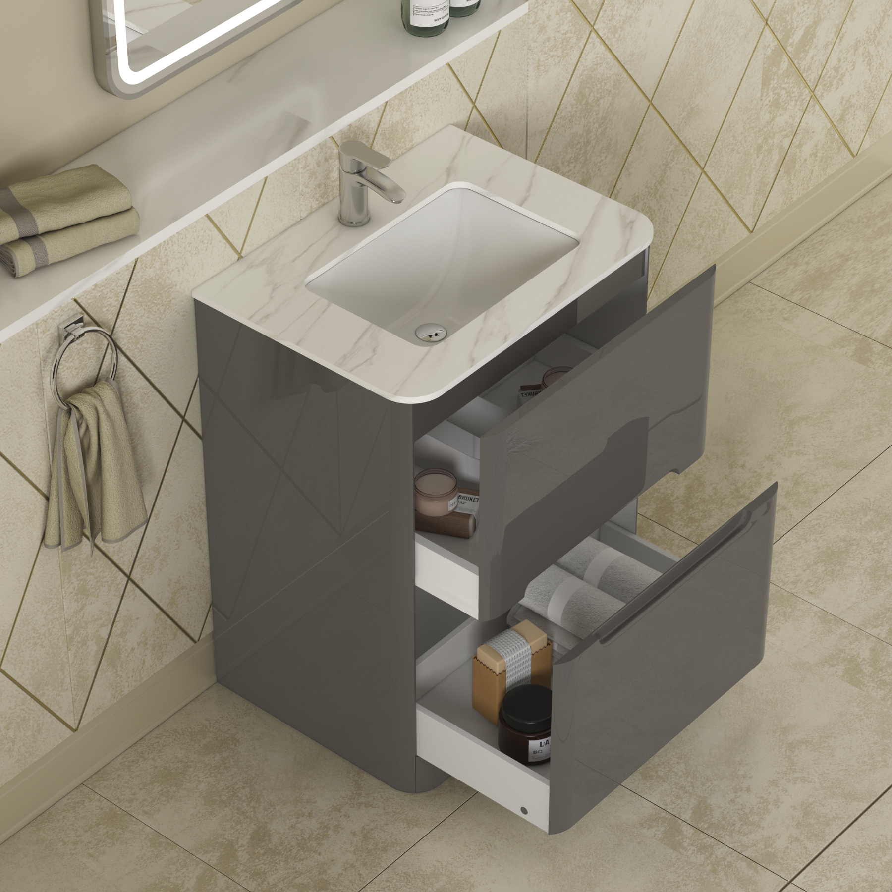 Infinity Gloss Anthracite 2 Drawer Floor Standing Vanity Unit with ...