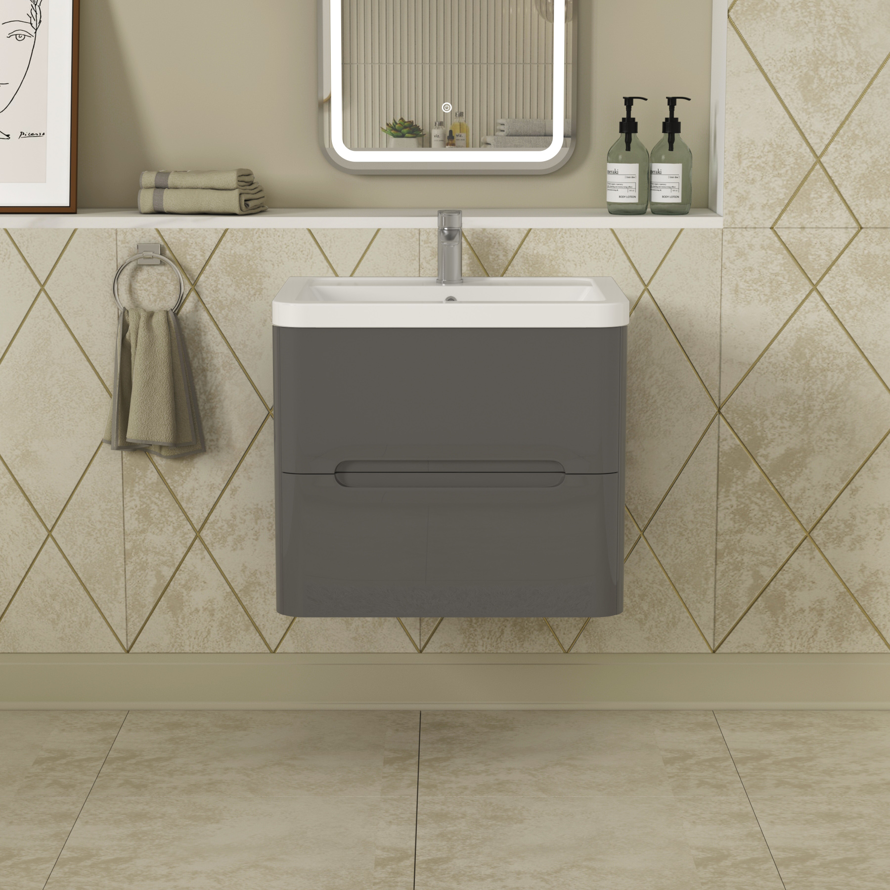 Infinity 600mm Gloss Anthracite Wall Hung Vanity Unit 2 Drawer with ...