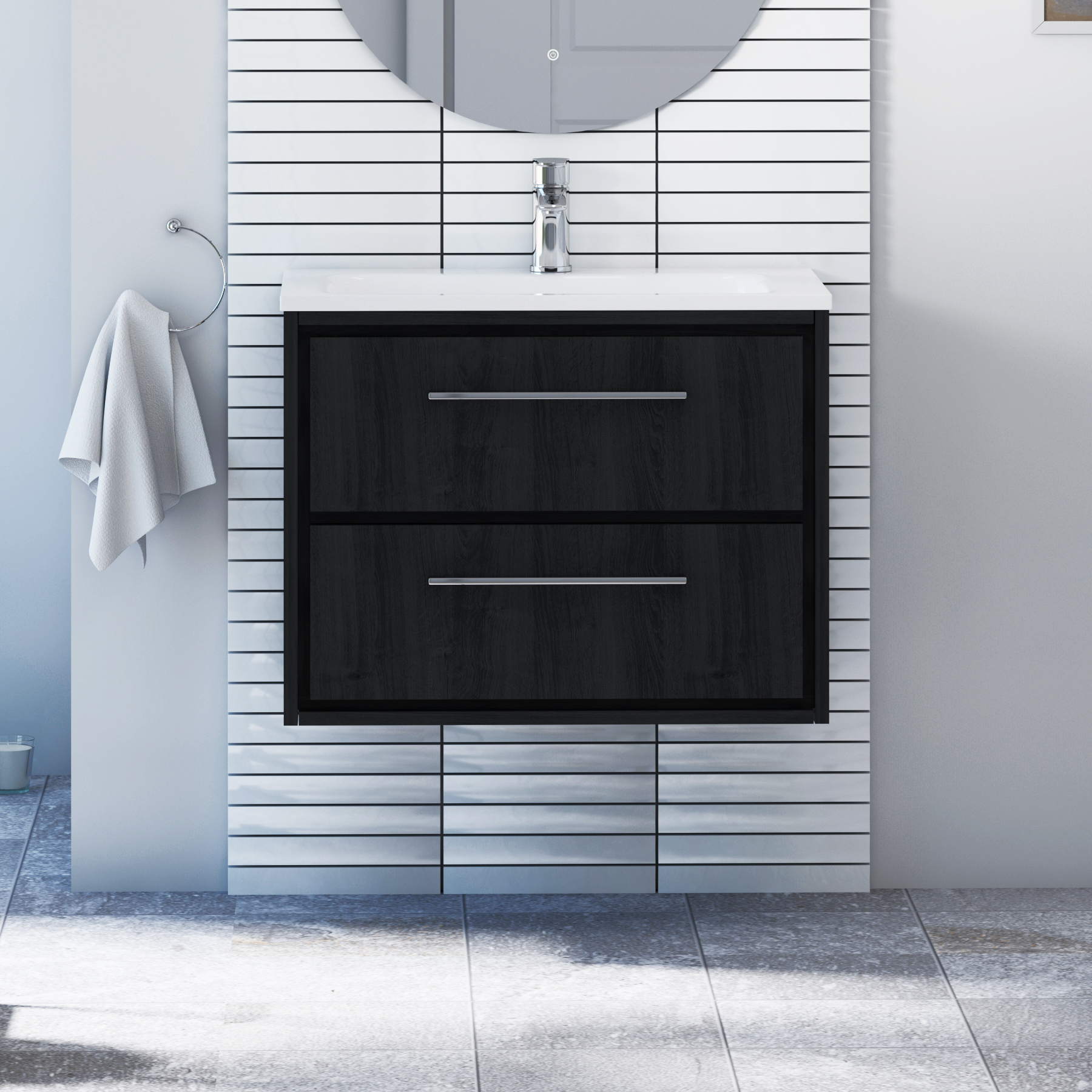 Livora 700mm Black Woodgrain Wall Hung Vanity Unit 2 Drawer with Stone ...