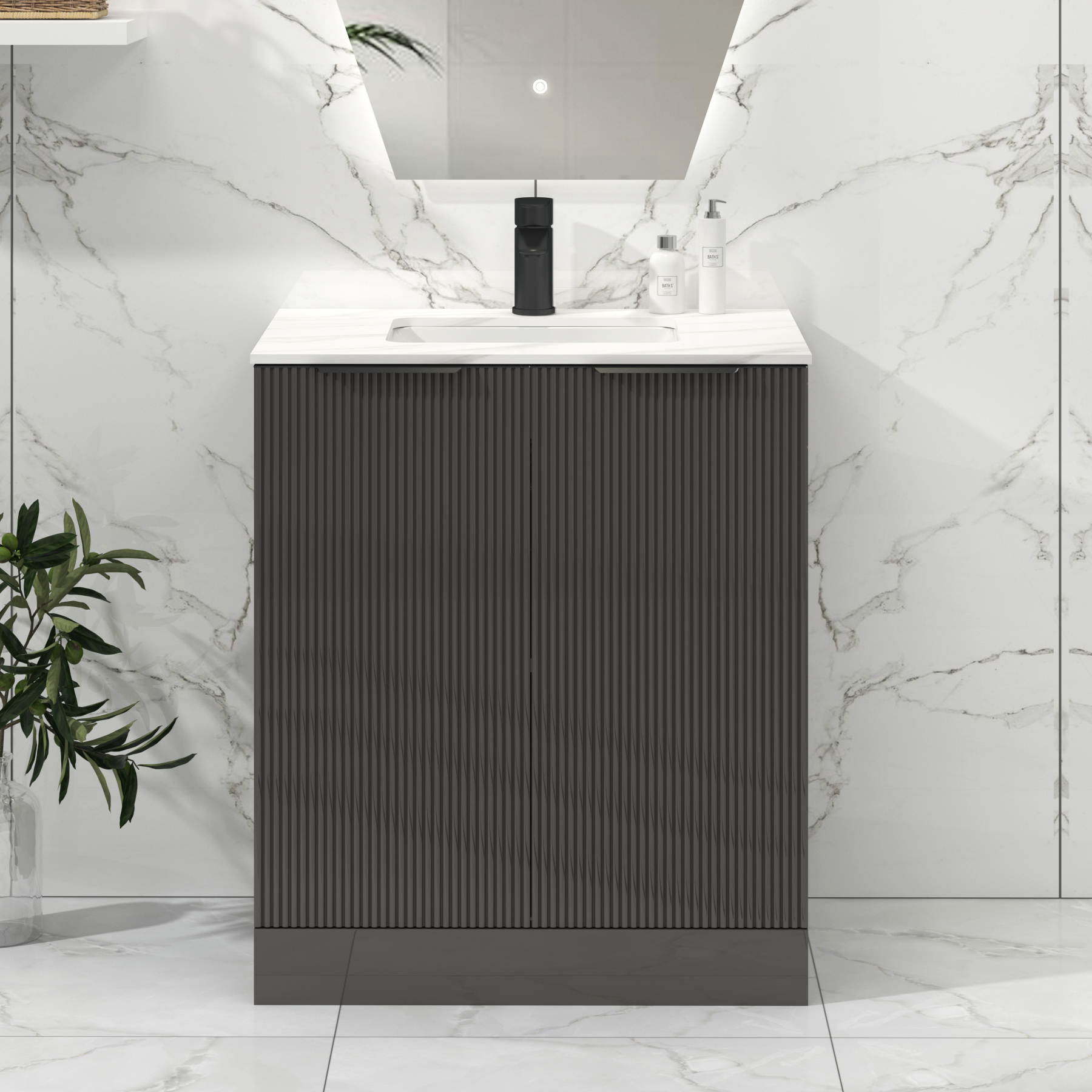 Lyon 700mm Gloss Anthracite Fluted Floor Standing Vanity Unit 2 Door ...