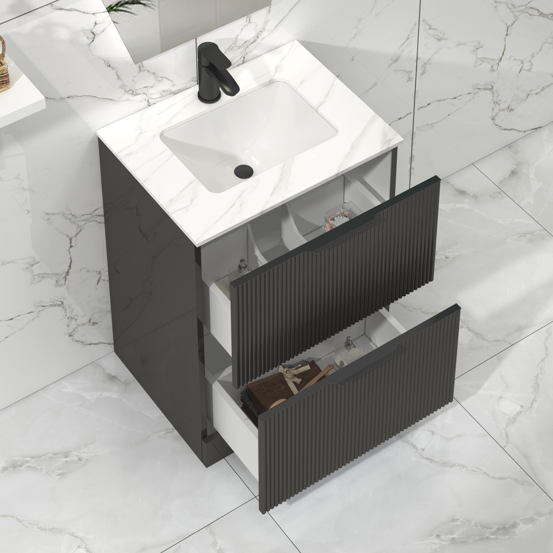 Lyon 600mm Gloss Anthracite Fluted Floor Standing Vanity Unit 2 Drawer ...