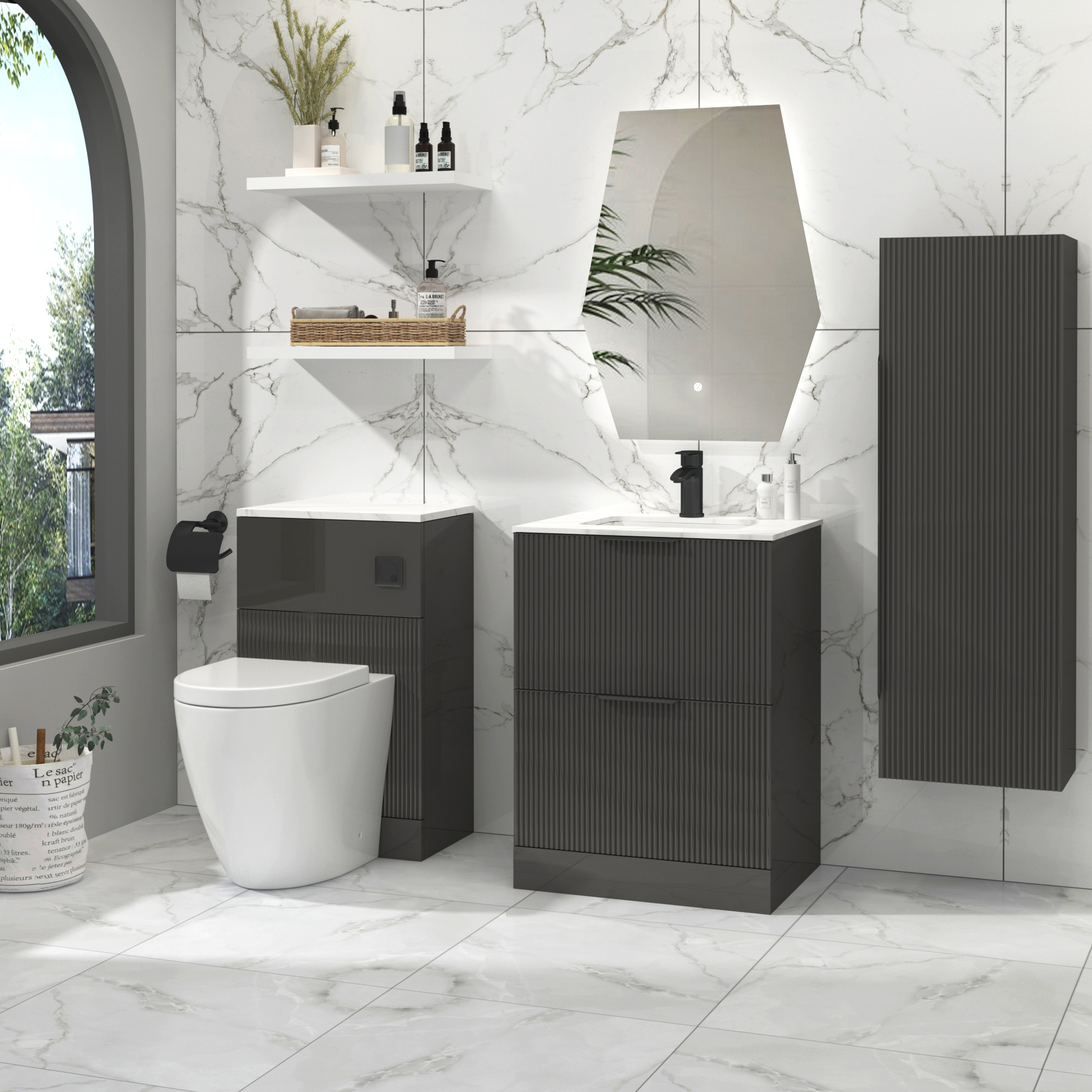 Lyon 600mm Gloss Anthracite Fluted Floor Standing Vanity Unit 2 Drawer ...