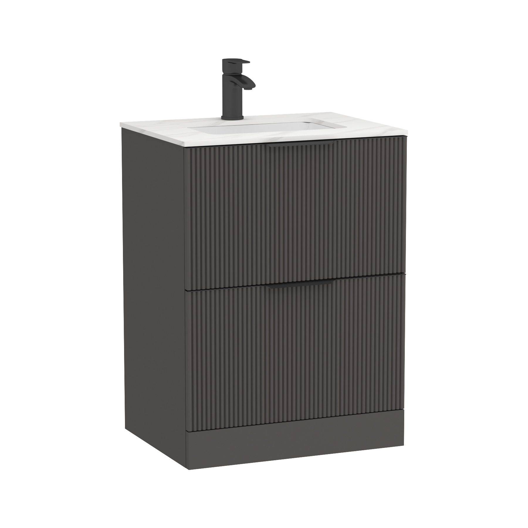 Lyon 600mm Gloss Anthracite Fluted Floor Standing Vanity Unit 2 Drawer ...