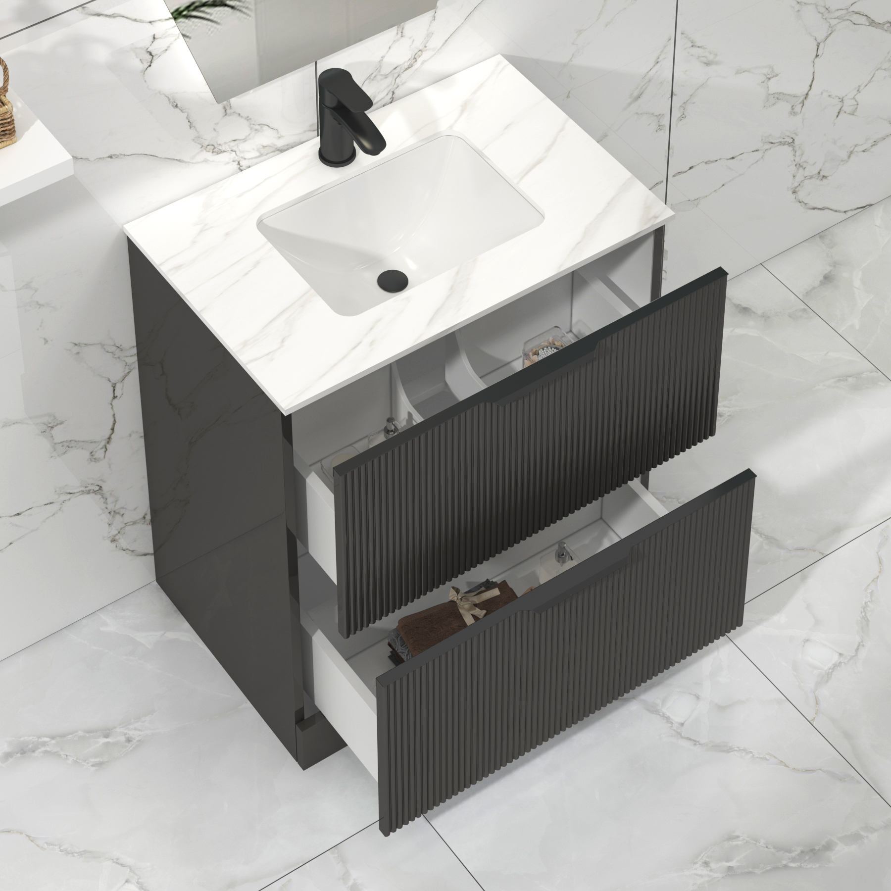 Lyon 700mm Gloss Anthracite Fluted Floor Standing Vanity Unit 2 Drawer ...