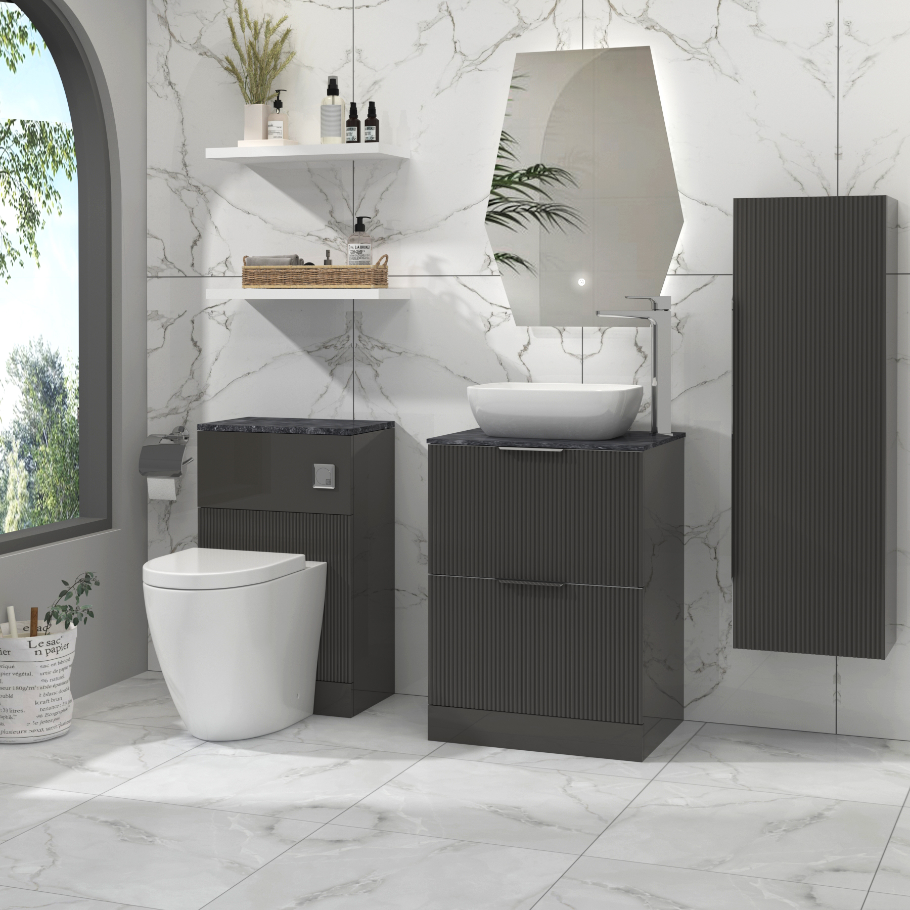 Lyon Fluted Gloss Anthracite 2 Drawer Floor Standing Vanity Unit with ...