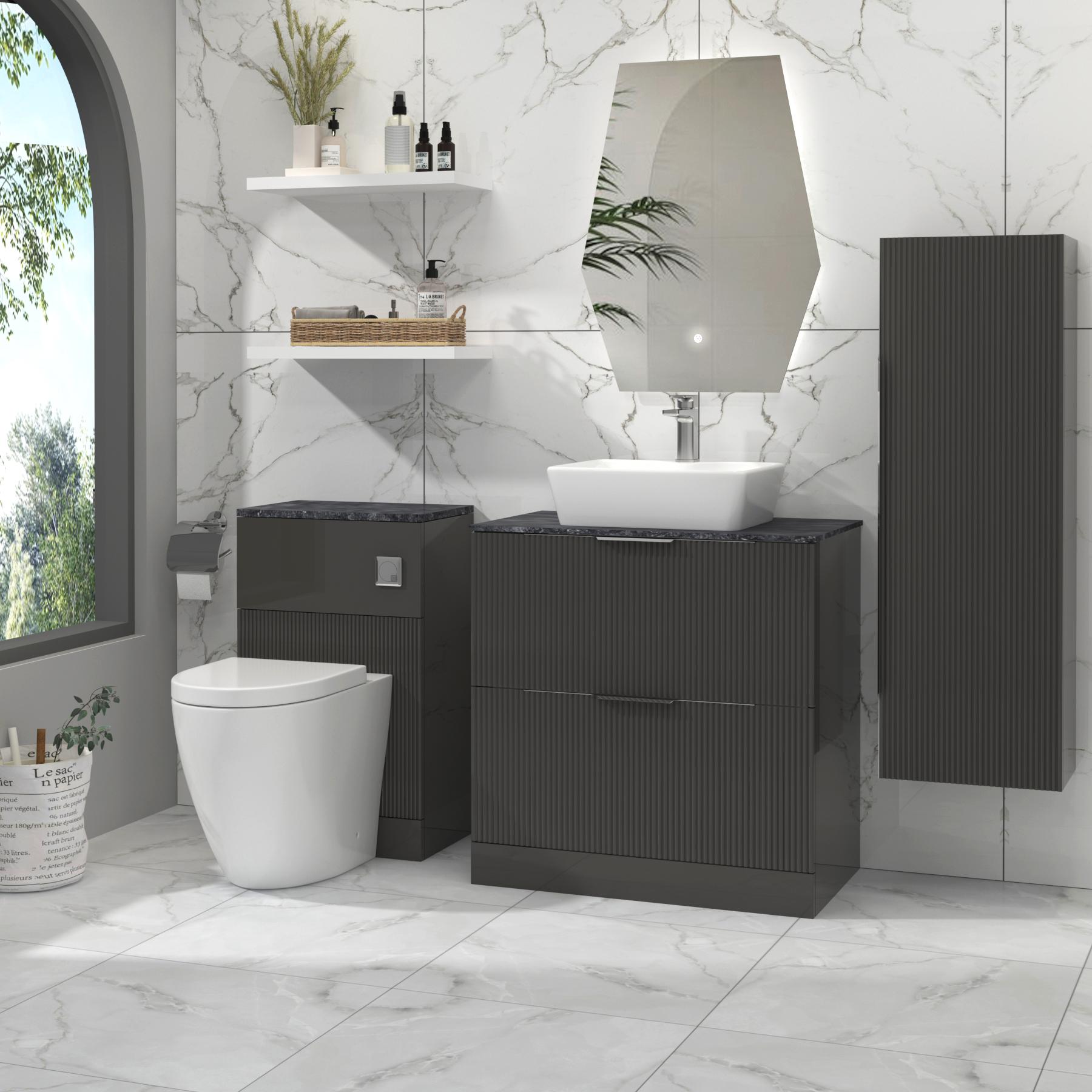 Lyon Fluted Gloss Anthracite 2 Drawer Floor Standing Vanity Unit with ...