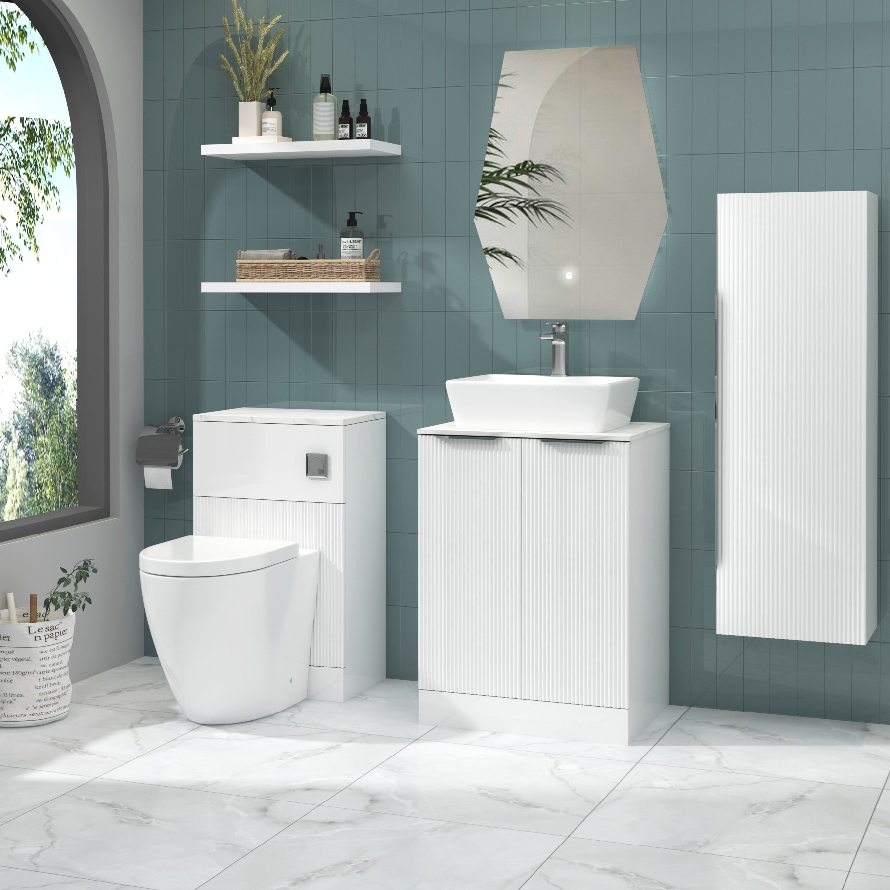 Lyon Fluted Gloss White 2 Door Floor Standing Vanity Unit with Carrara ...