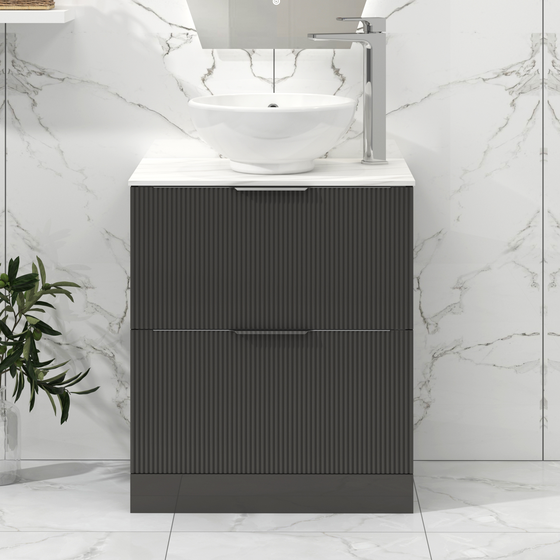 Lyon Fluted Gloss Anthracite 2 Drawer Floor Standing Vanity Unit with ...