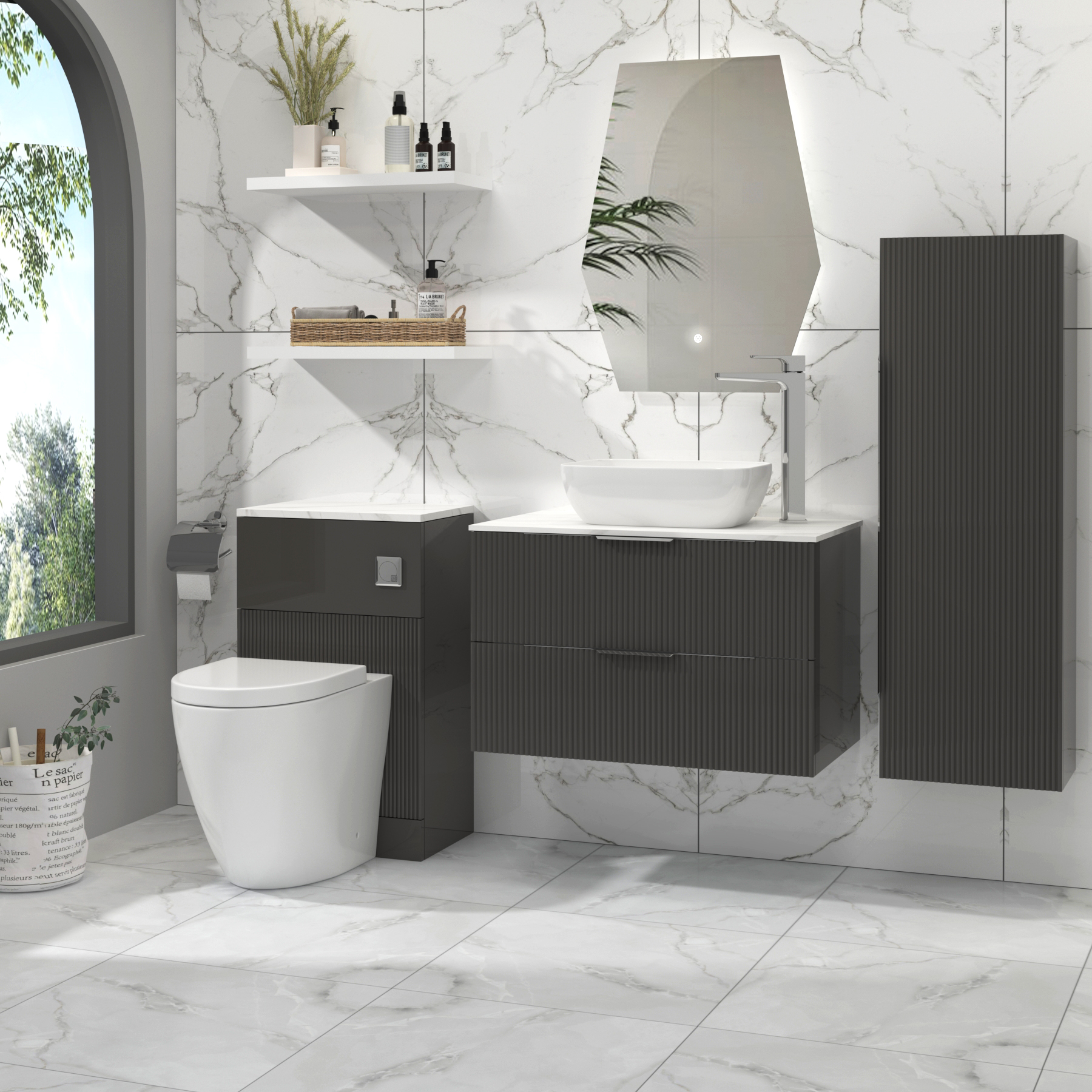 Lyon Fluted Gloss Anthracite 2 Drawer Wall Hung Vanity Unit with ...