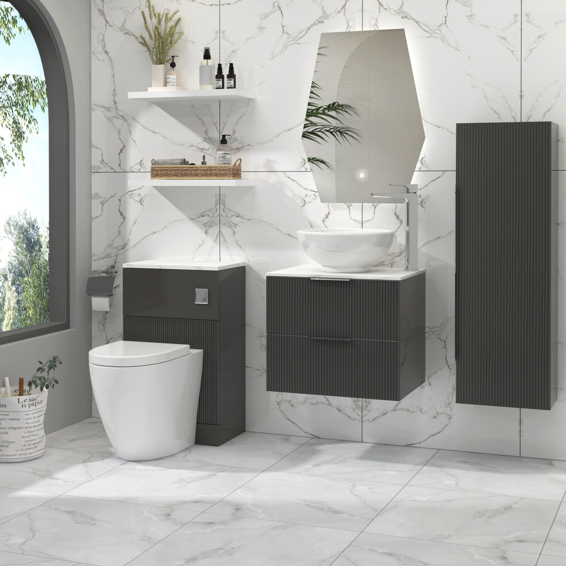 Lyon Fluted Gloss Anthracite 2 Drawer Wall Hung Vanity Unit with ...