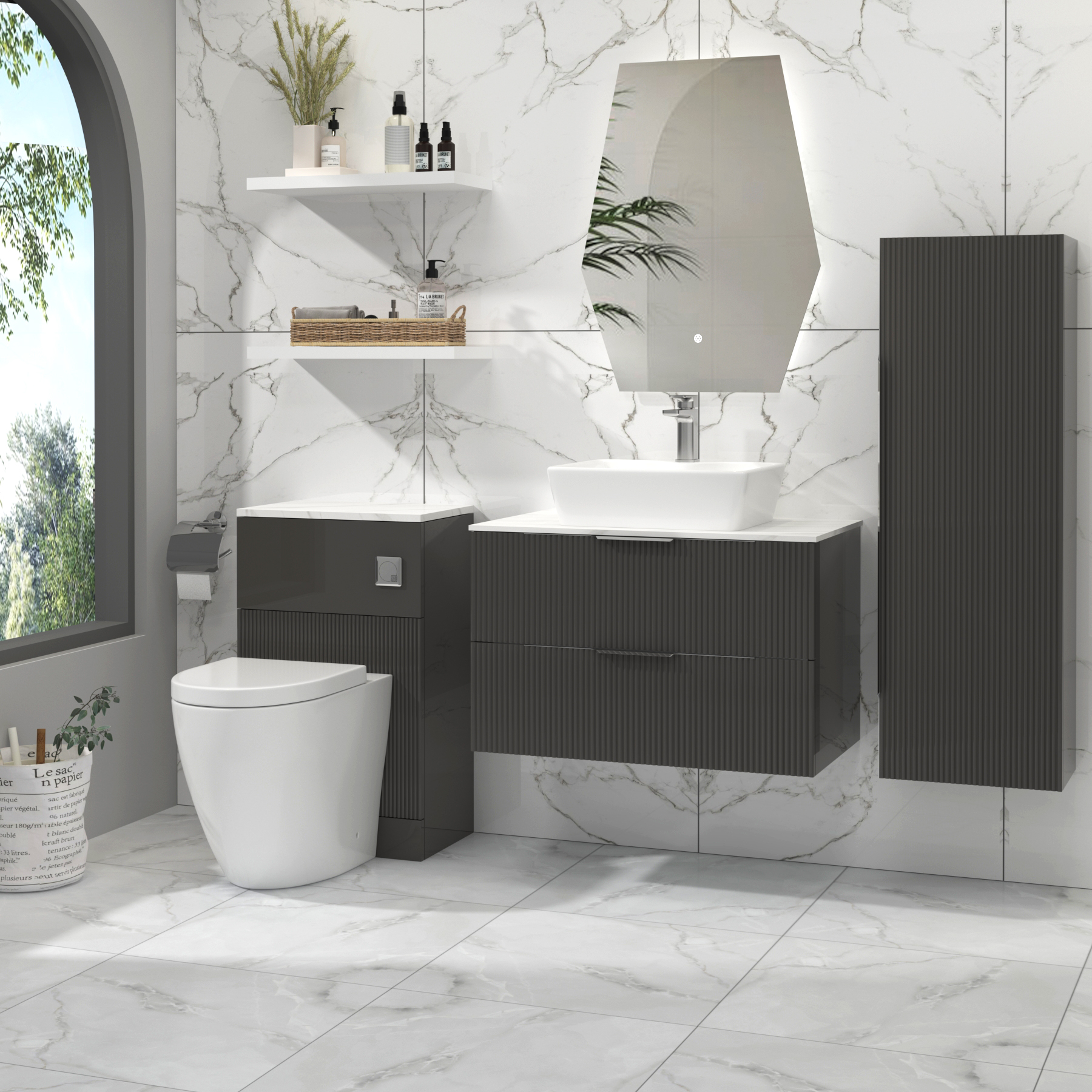 Lyon Fluted Gloss Anthracite 2 Drawer Wall Hung Vanity Unit with ...