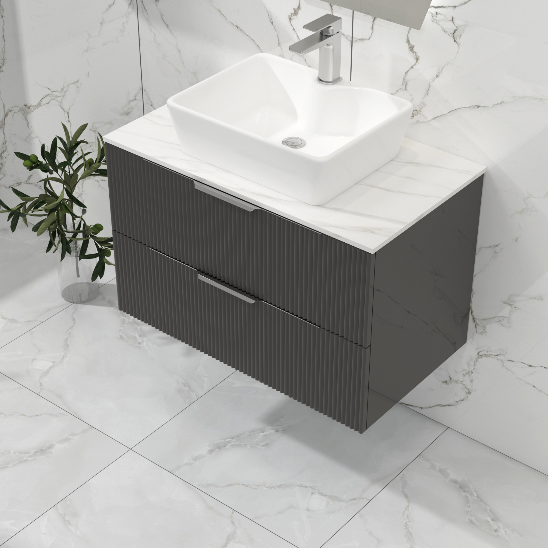 Lyon 800mm Gloss Anthracite Fluted Wall Hung Vanity Unit 2 Drawer with ...