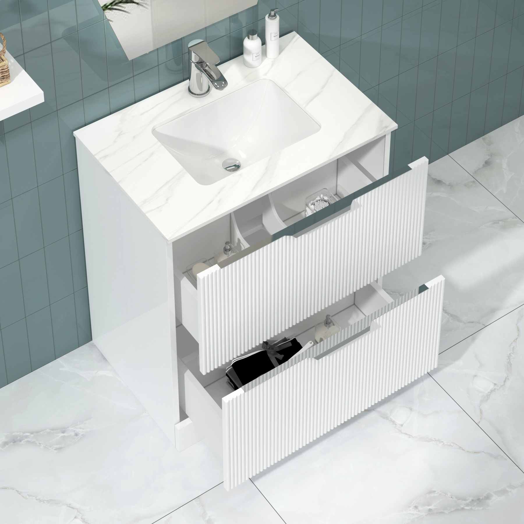 Lyon 700mm Gloss White Fluted Floor Standing Vanity Unit 2 Drawer with ...