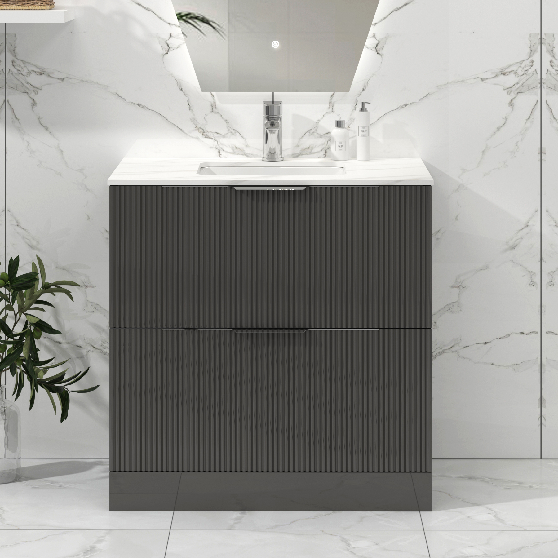 Lyon 800mm Gloss Anthracite Fluted Floor Standing Vanity Unit 2 Drawer ...