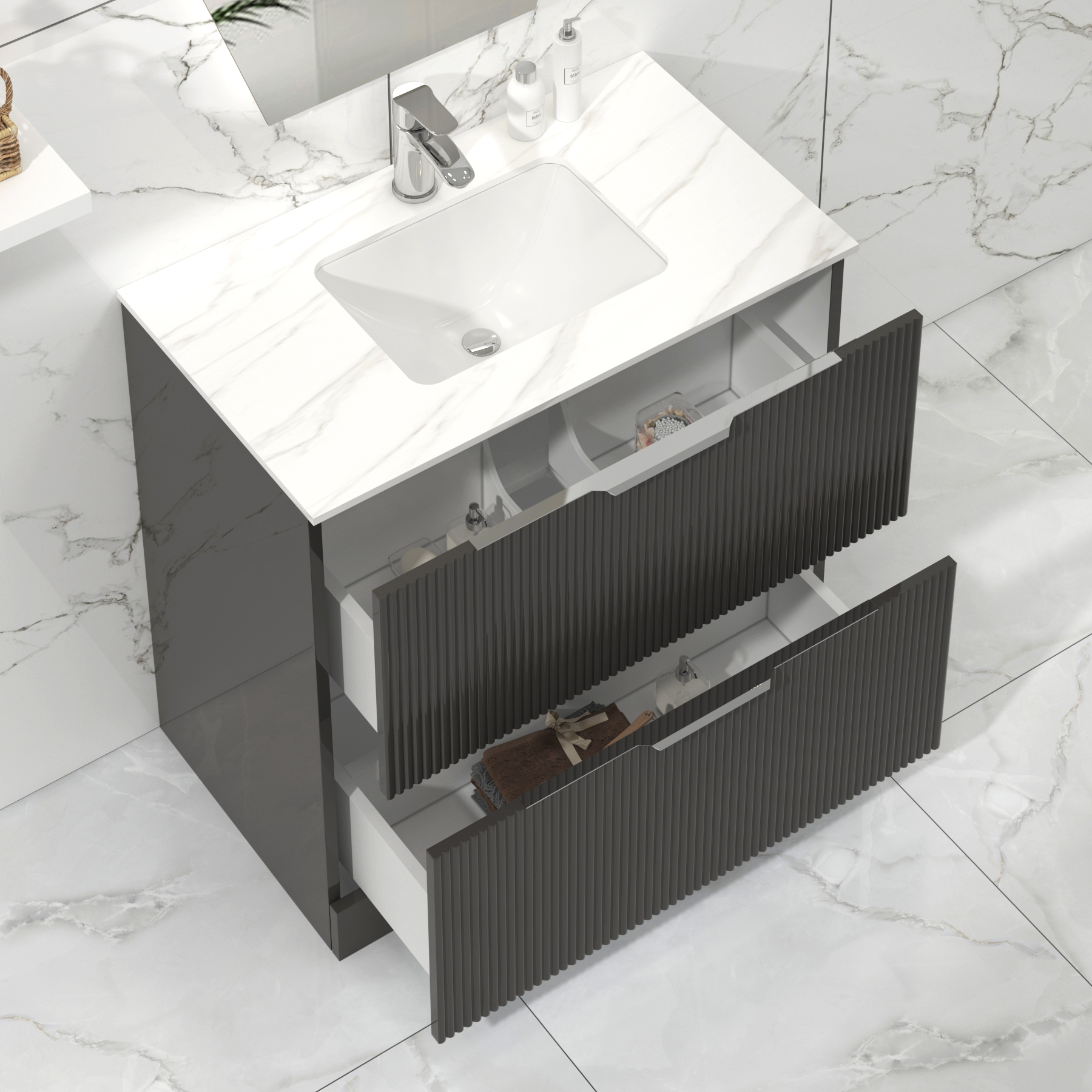 Lyon 800mm Gloss Anthracite Fluted Floor Standing Vanity Unit 2 Drawer ...