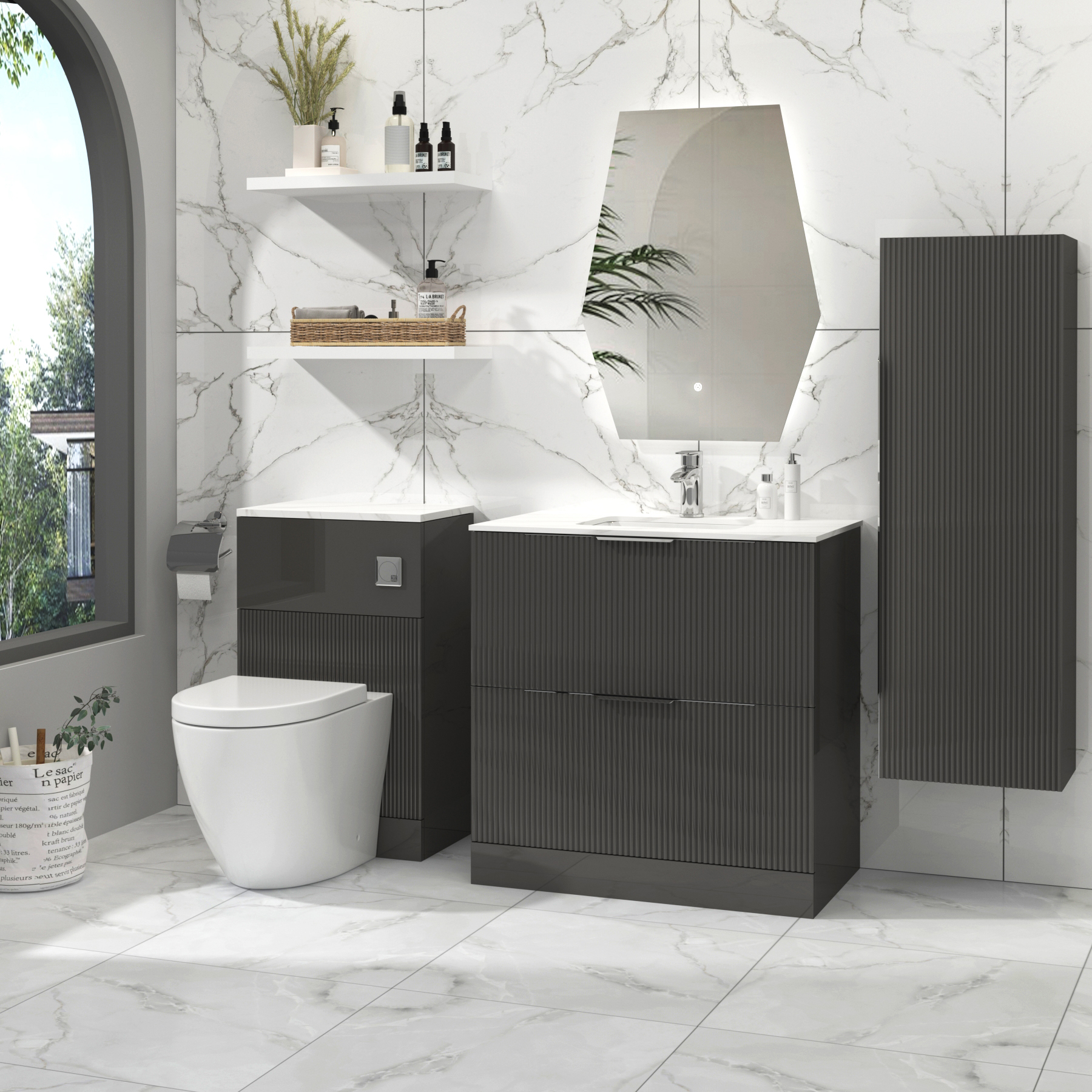 Lyon 800mm Gloss Anthracite Fluted Floor Standing Vanity Unit 2 Drawer ...