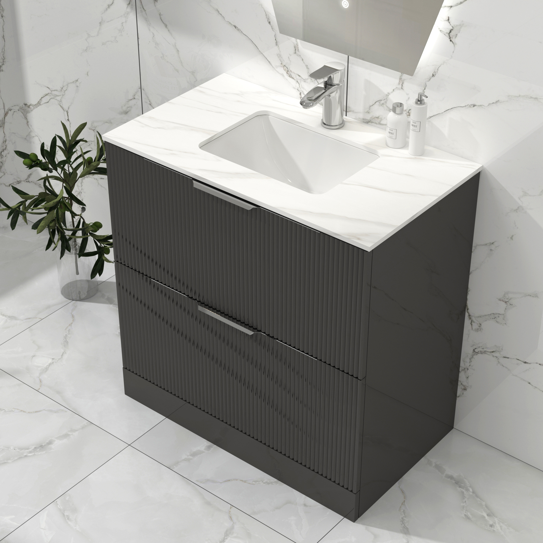 Lyon 800mm Gloss Anthracite Fluted Floor Standing Vanity Unit 2 Drawer ...