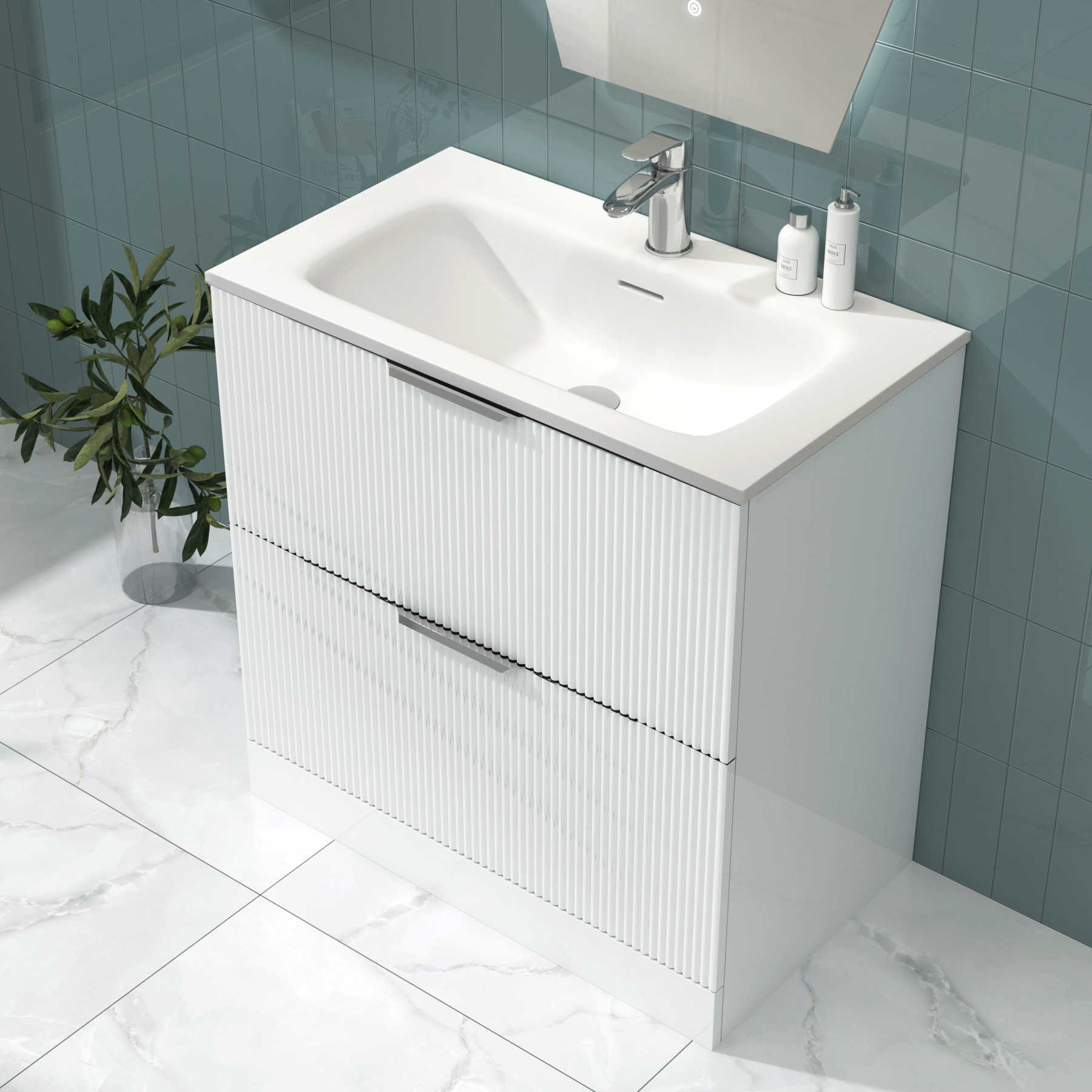 Lyon Fluted Gloss White 2 Drawer Floor Standing Vanity Unit with ...