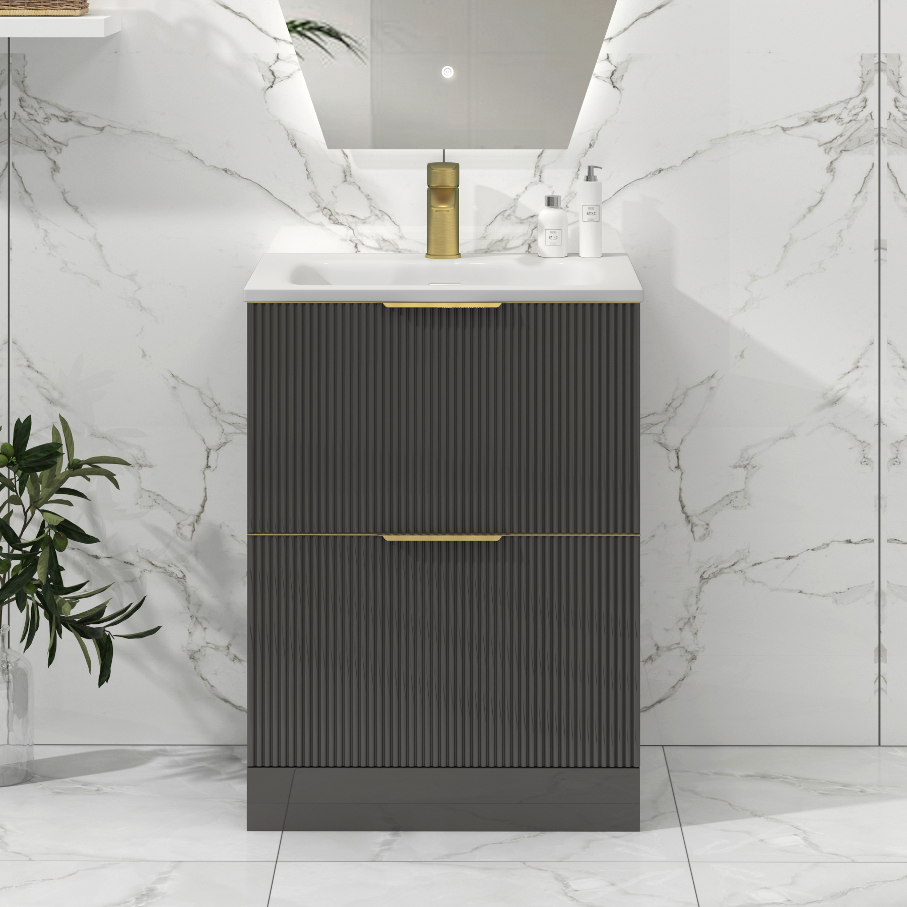 Lyon 600mm Gloss Anthracite Fluted Floor Standing Vanity Unit 2 Drawer ...