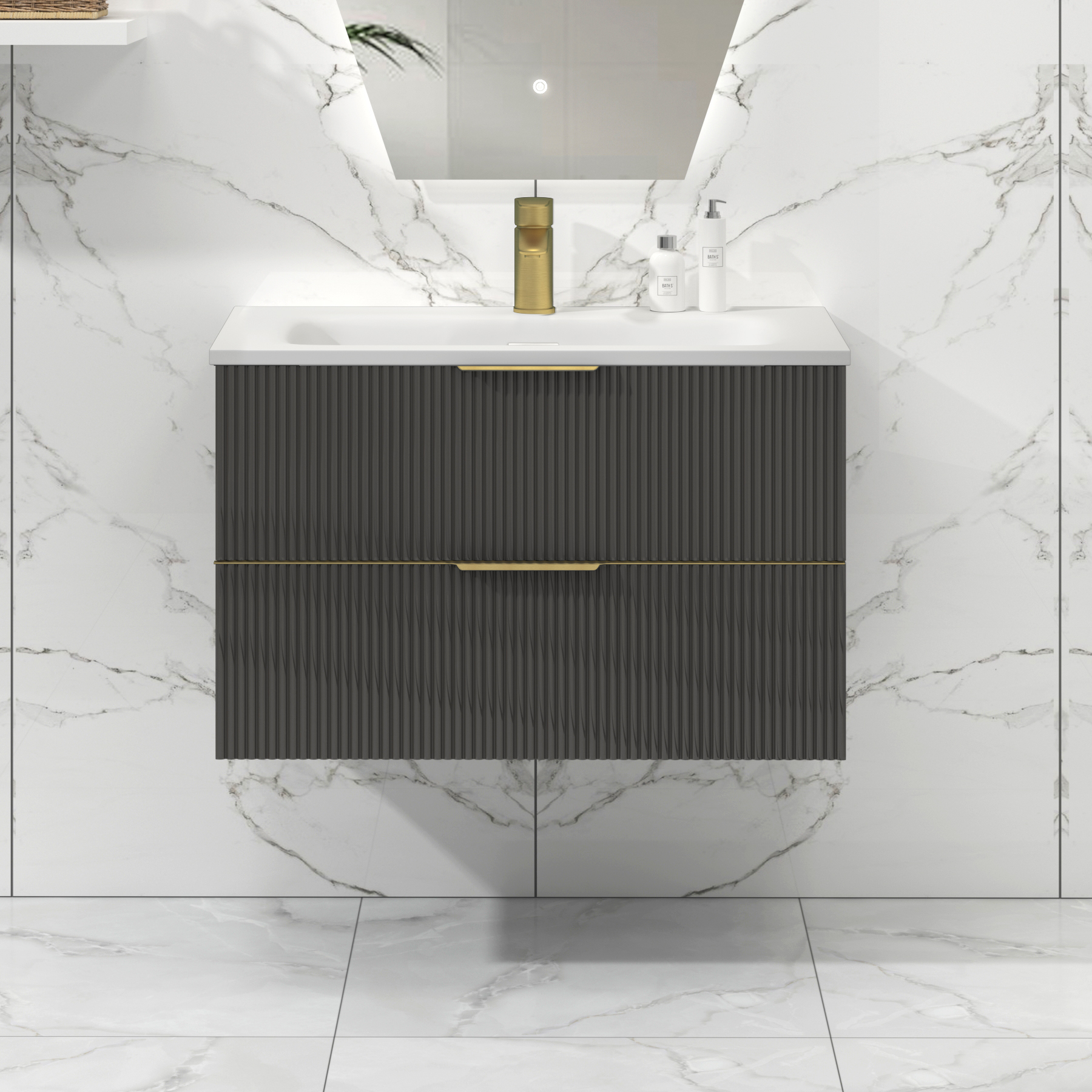 Lyon Fluted Gloss Anthracite 2 Drawer Wall Hung Vanity Unit with Matte ...