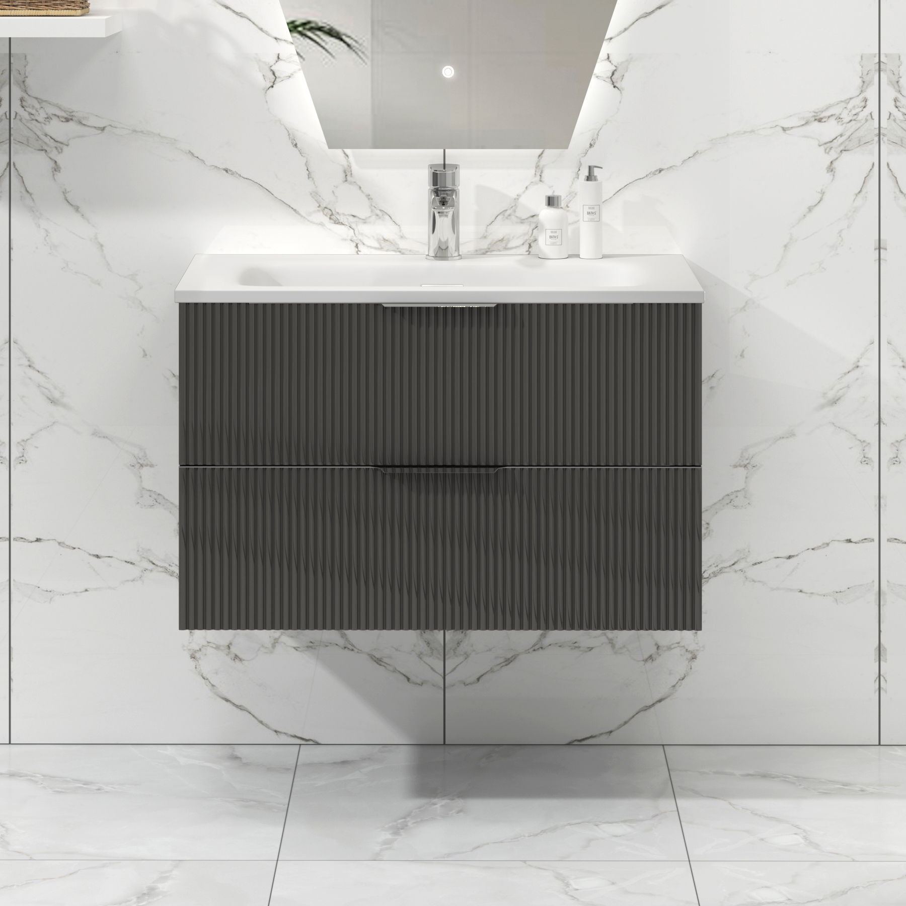 Lyon 800mm Gloss Anthracite Fluted Wall Hung Vanity Unit 2 Drawer with ...